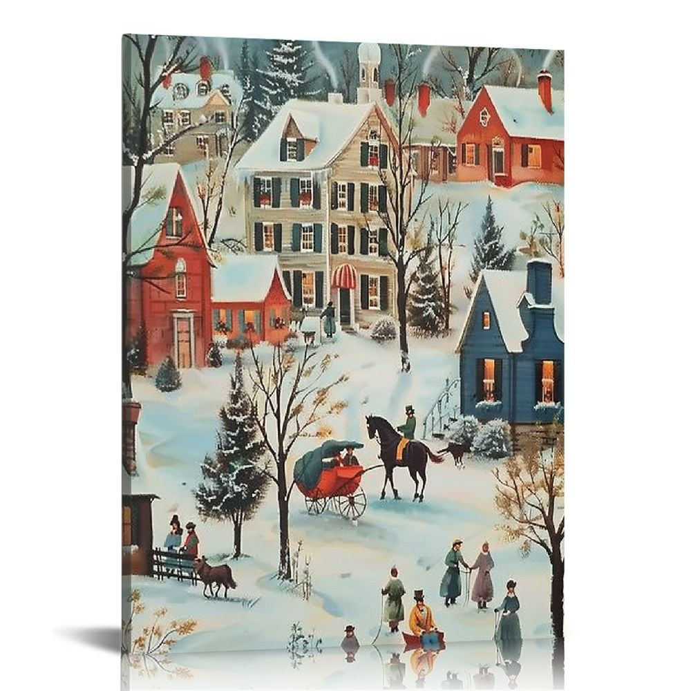 Fenyluxe Vintage Christmas Canvas Wall Art, Joyful Holiday Decorations and Cheer Poster, Village ...