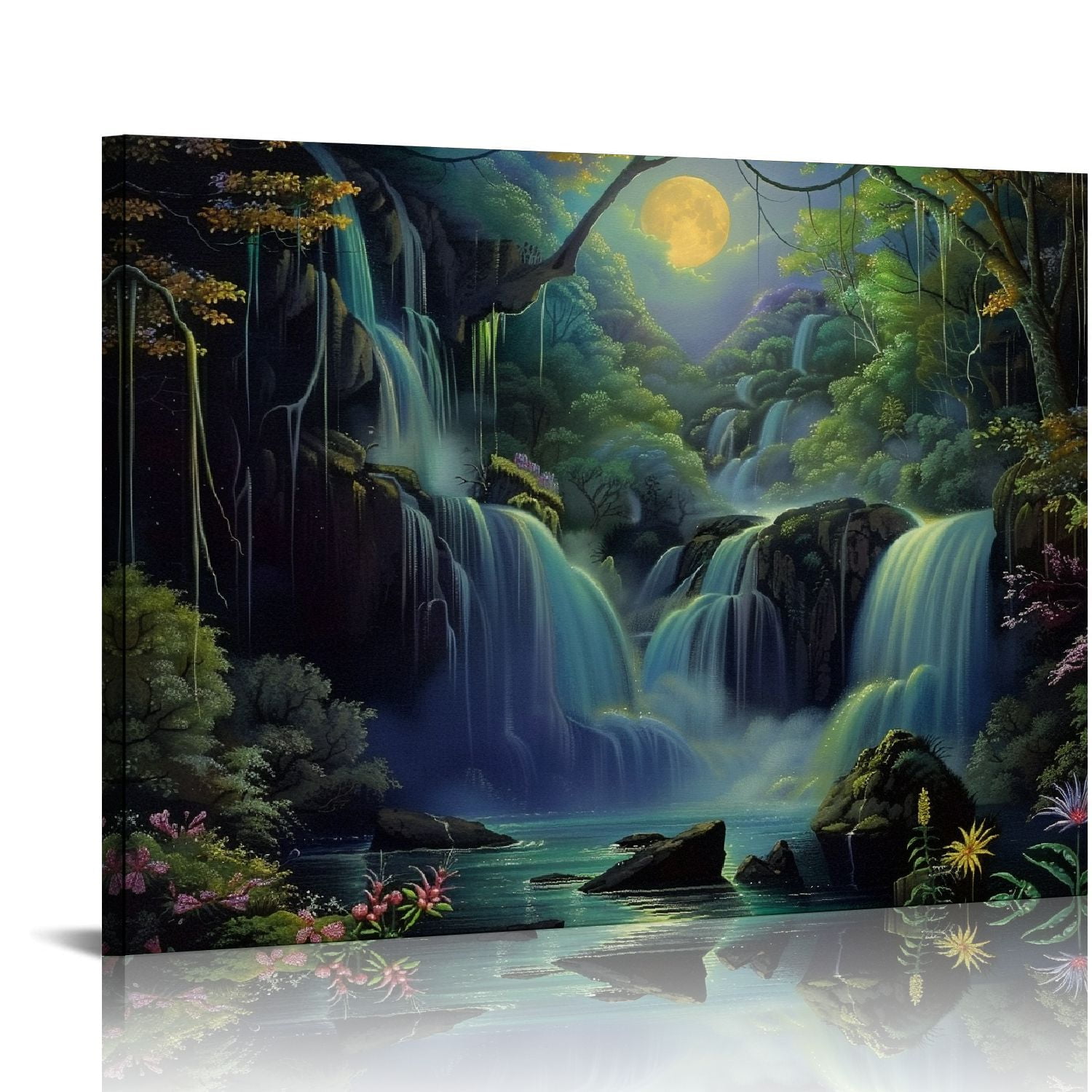 Fenyluxe Waterfall Forest Full Moon Canvas Print Ready to Hang - Home ...
