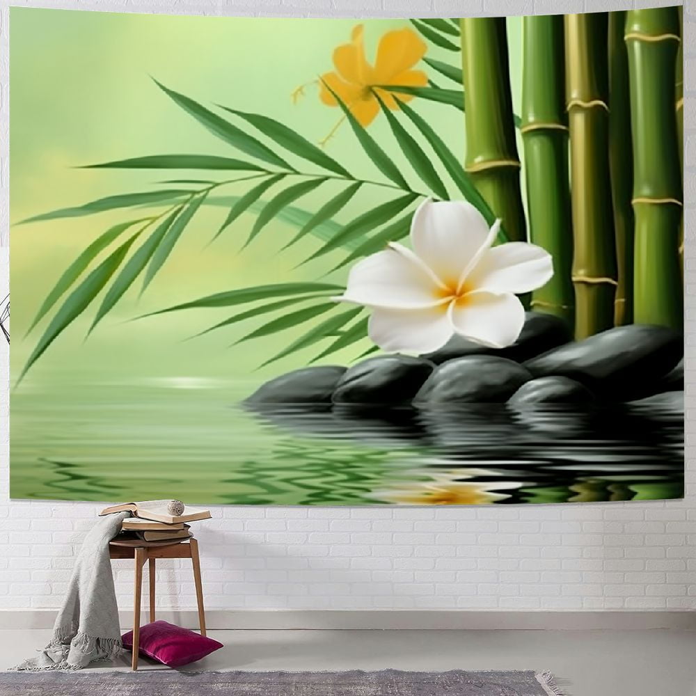 Fenyluxe Zen Garden Tapestry Spa Green Bamboo Black Stone White Flower ...