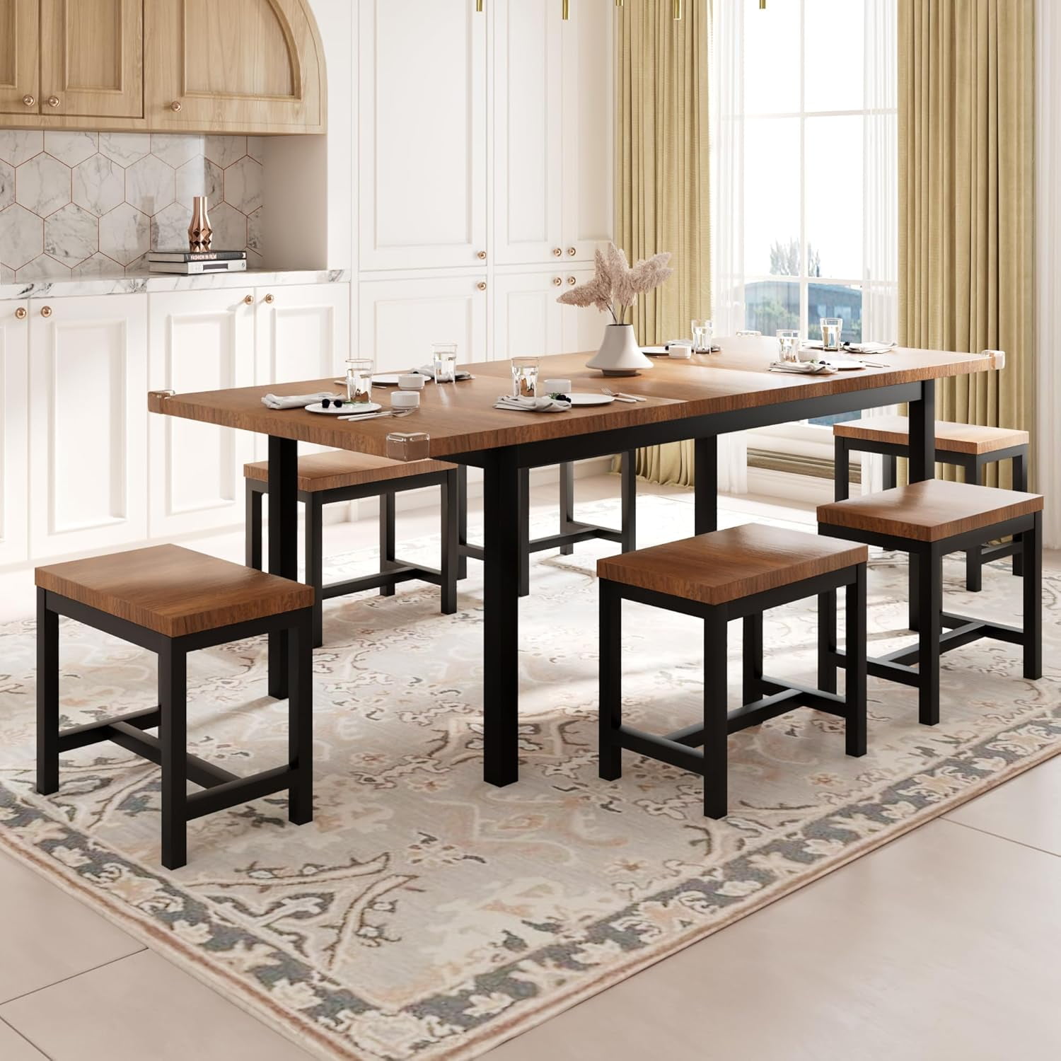 Feonase 7-Piece Dining Table Set with 6 Stools, 63" Large Extendable ...