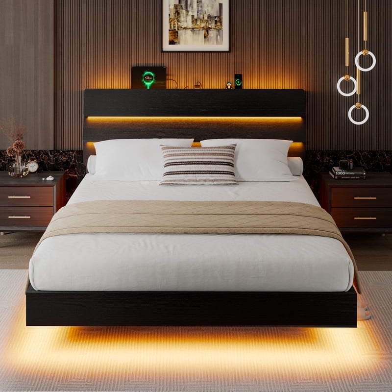 Feonase Floating Queen Size Bed Frame with LED Lights & Charging ...