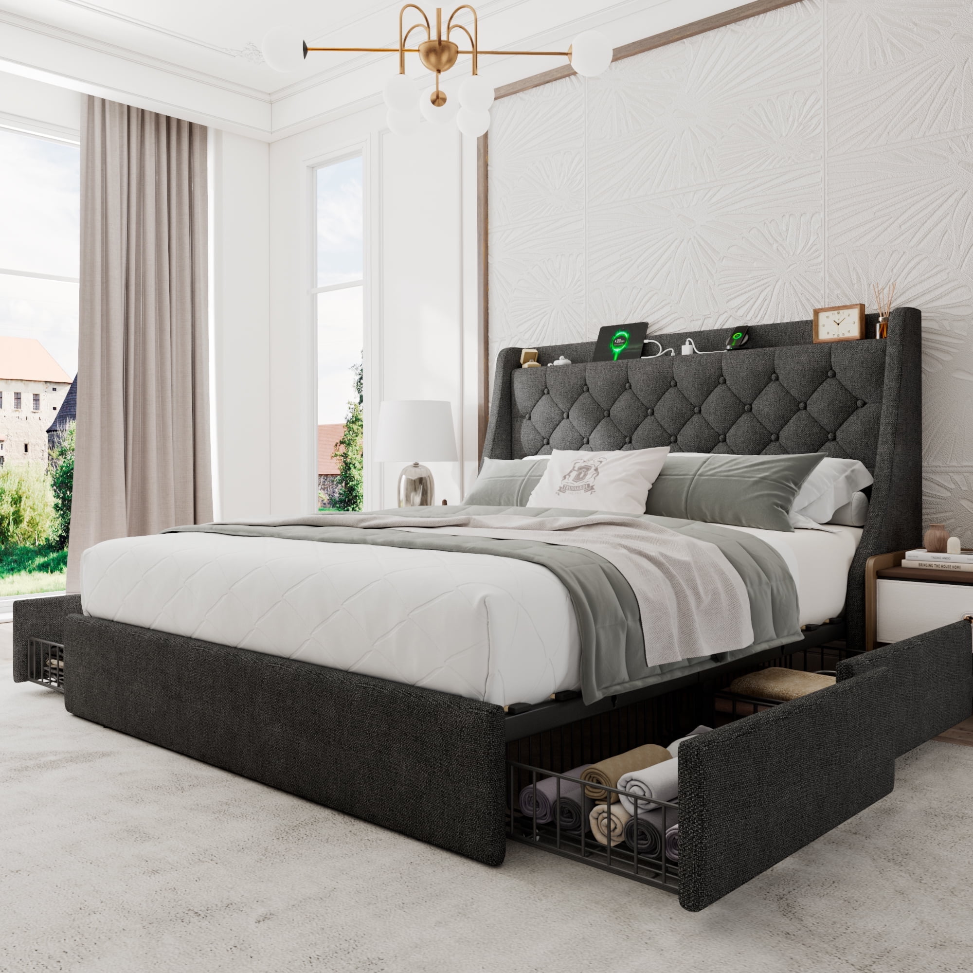 Honfach Full Bed Frame with 4 Storage Drawers, Upholstered Storage Bed ...