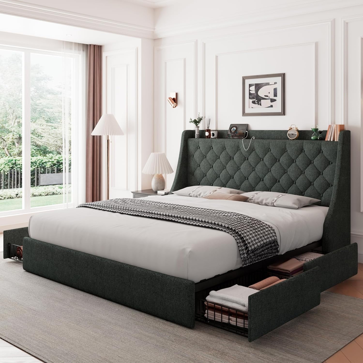 Feonase Full Bed Frame with 4 Storage Drawers, Upholstered Storage Bed ...