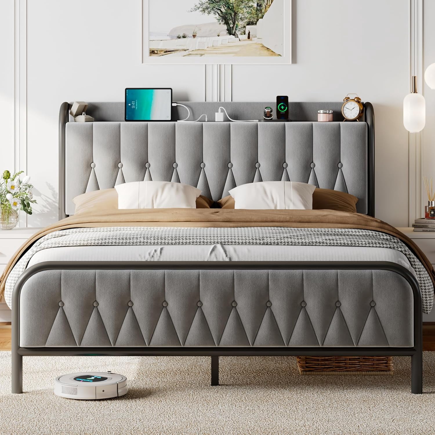 Feonase Full Bed Frame with Type-C & USB Ports,12" Underbed Storage ...