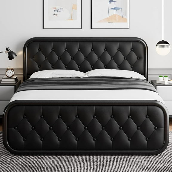 Bed Frame with Headboard PU Leather Upholstered, All Metal Slats ...