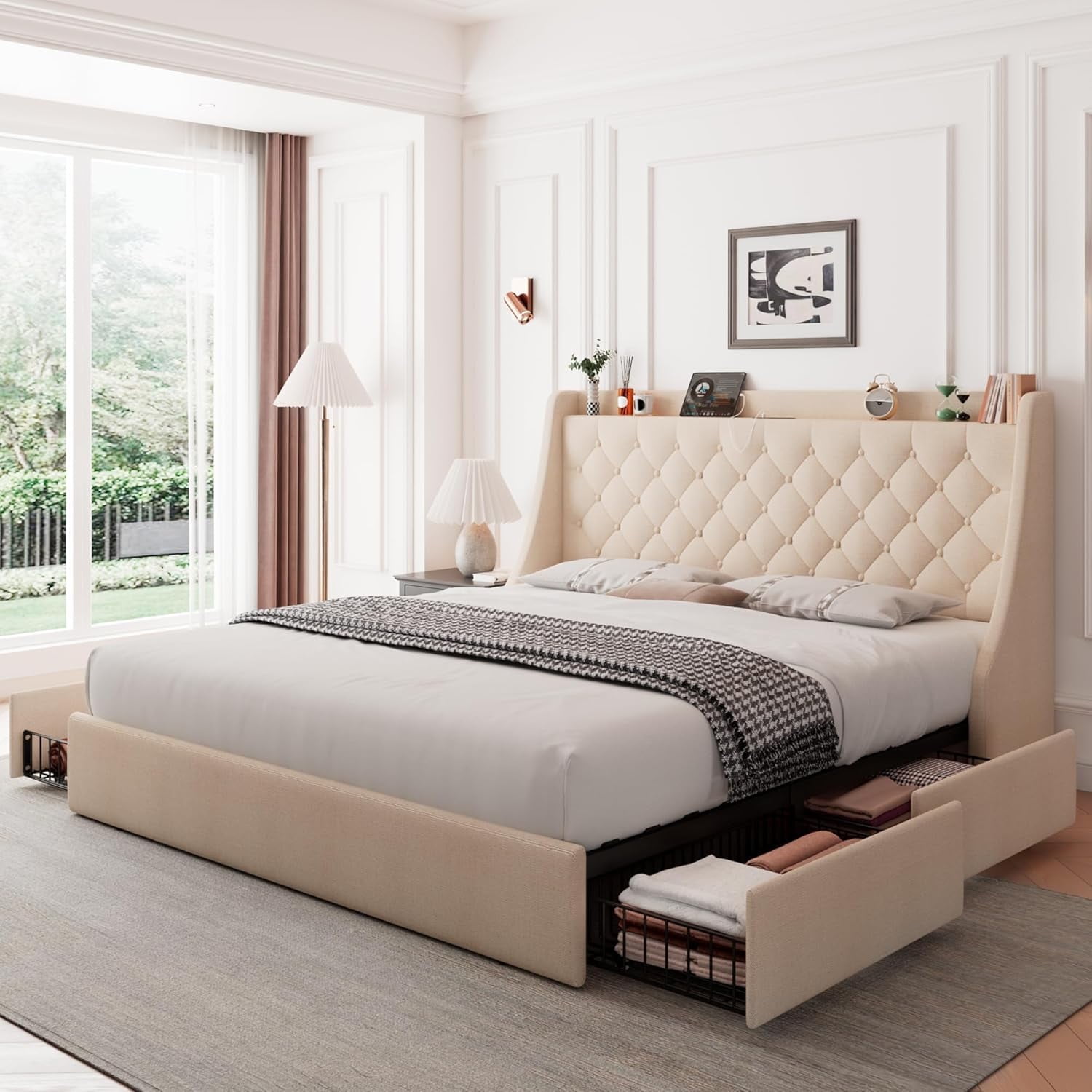 Feonase King Bed Frame with 4 Storage Drawers, Upholstered Platform Bed ...