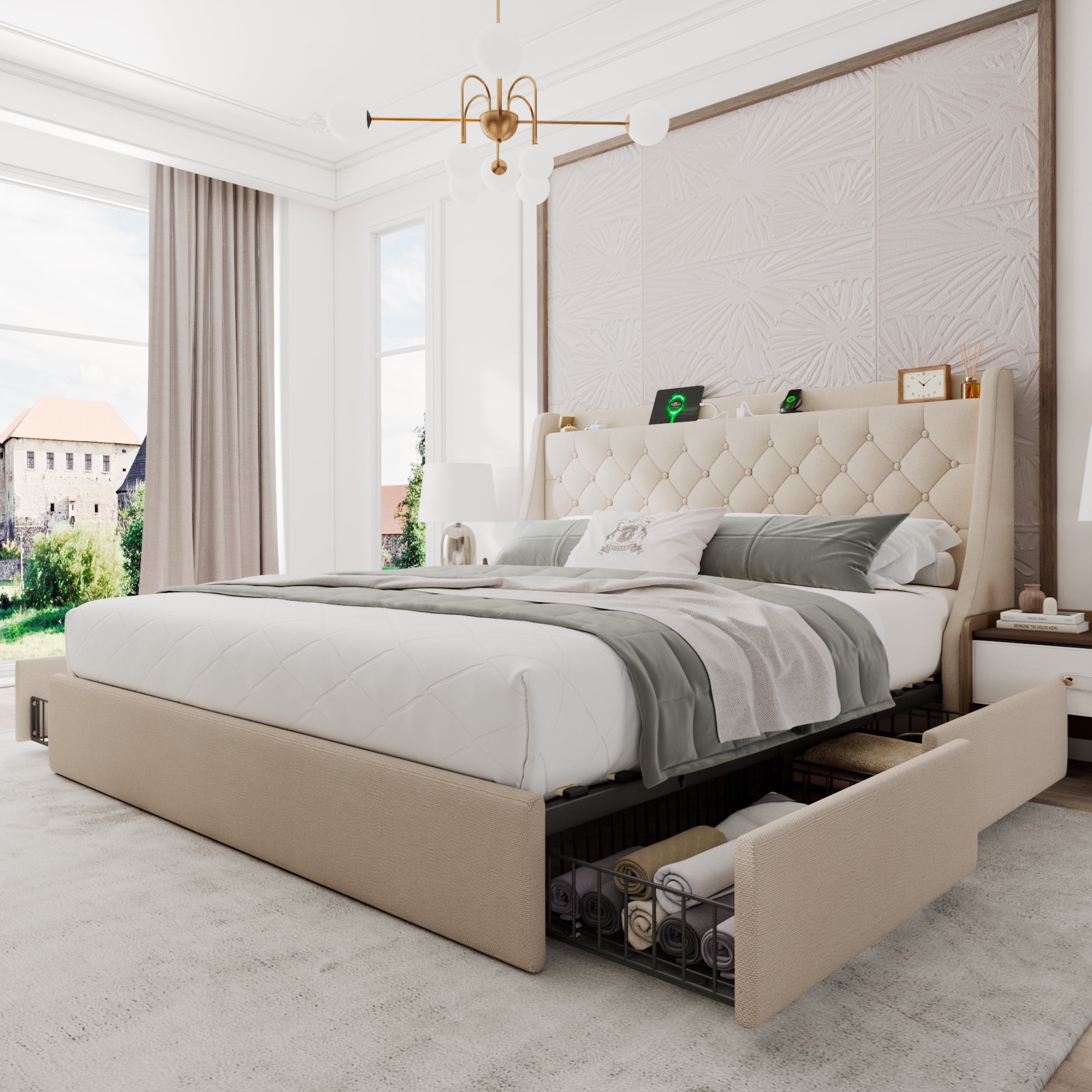 Honfach King Bed Frame, Beige Upholstered Platform with Wingback ...