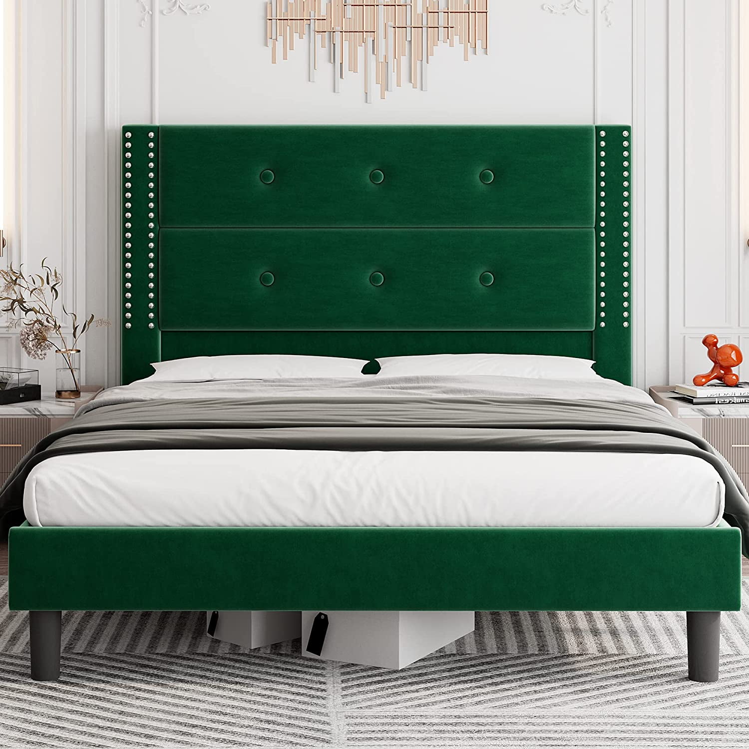 Feonase King Size Platform Bed Frame With Nailhead Trims Tufted