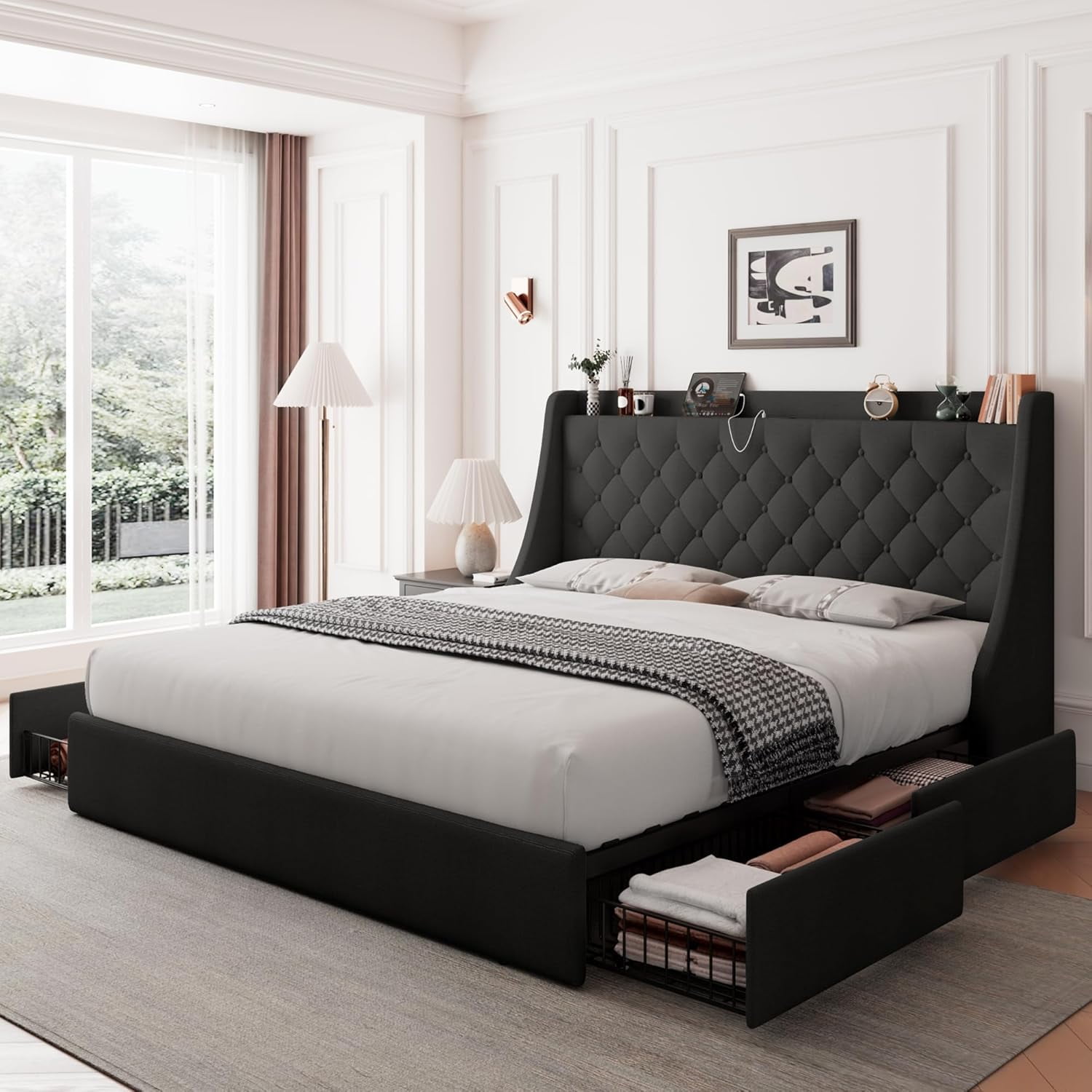 Feonase Queen Bed Frame with 4 Storage Drawers, Upholstered Storage Bed ...