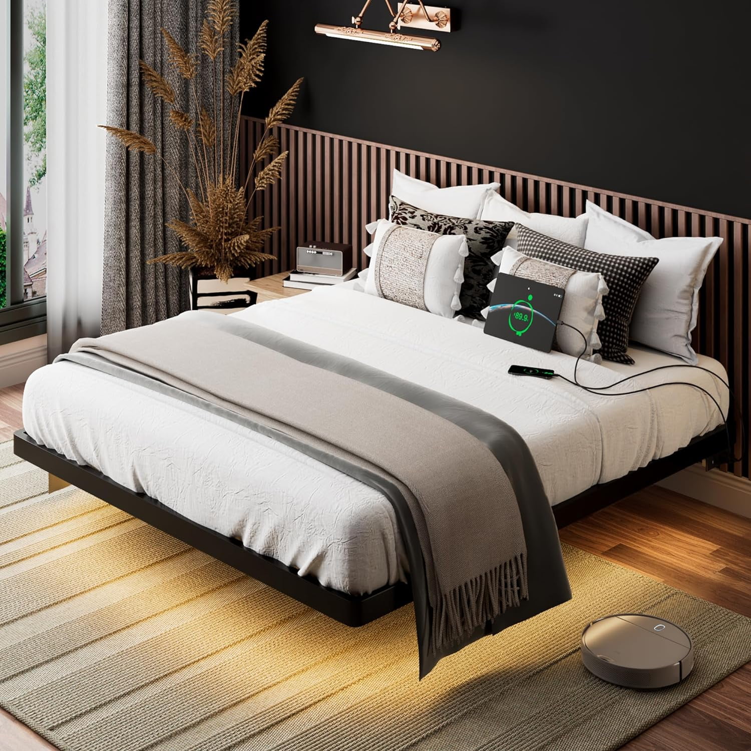 Feonase Queen Size Floating Bed Frame with Led Lights and Charging ...