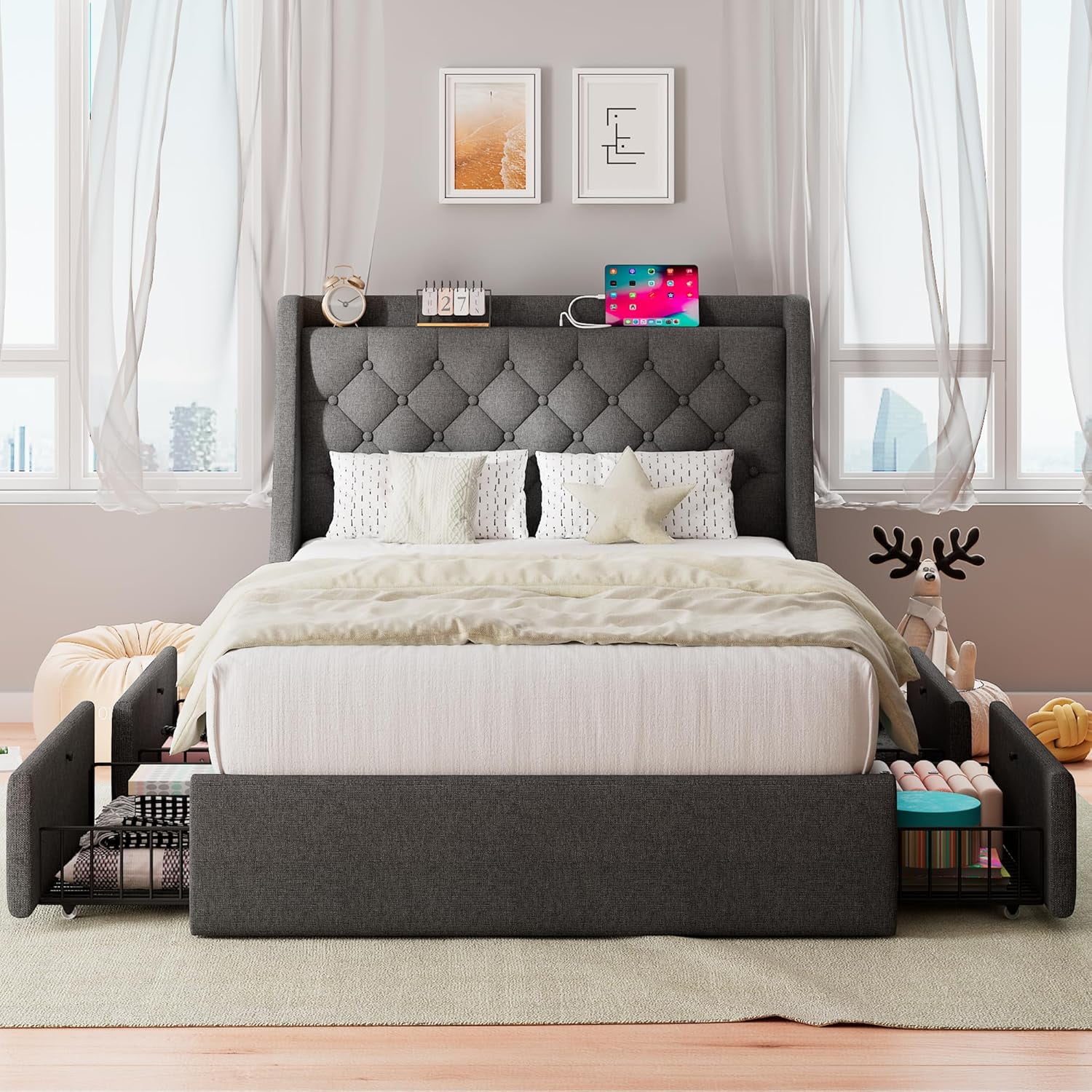 Feonase Twin Bed Frame with 4 Storage Drawers, Upholstered Storage Bed ...