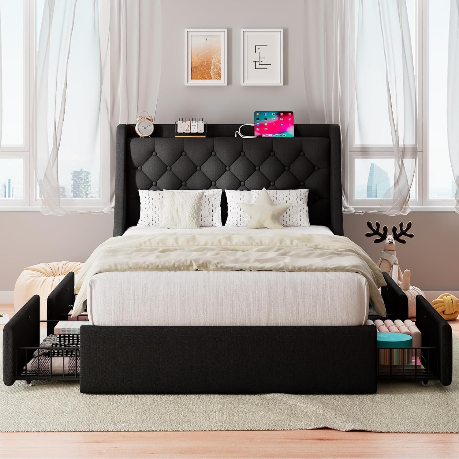 Feonase Twin Bed Frame with 4 Storage Drawers, Upholstered Storage Bed ...