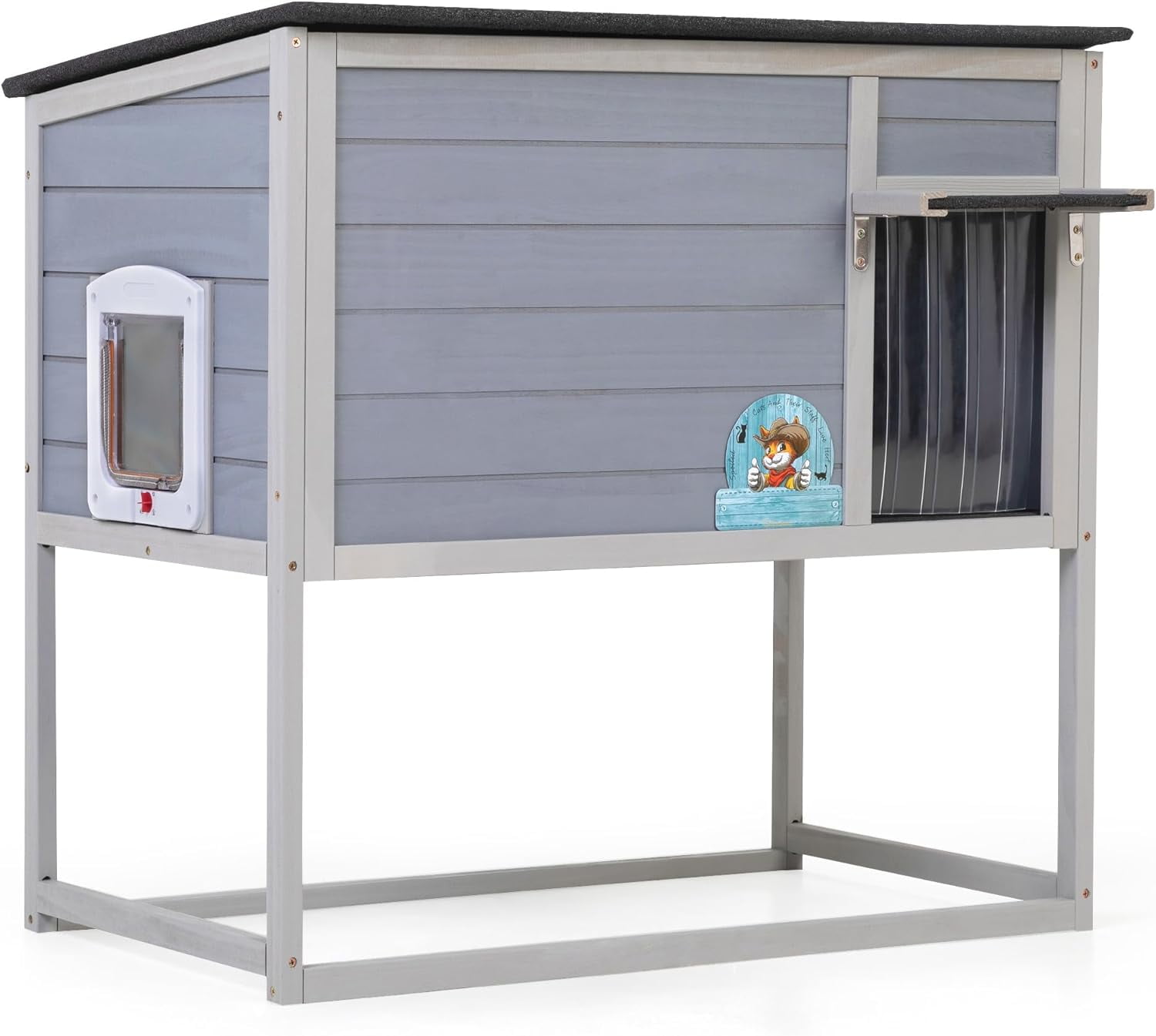 Feral Cat Enclosure Openable Top, PVC Curtain, Raised Outdoor Cat House ...