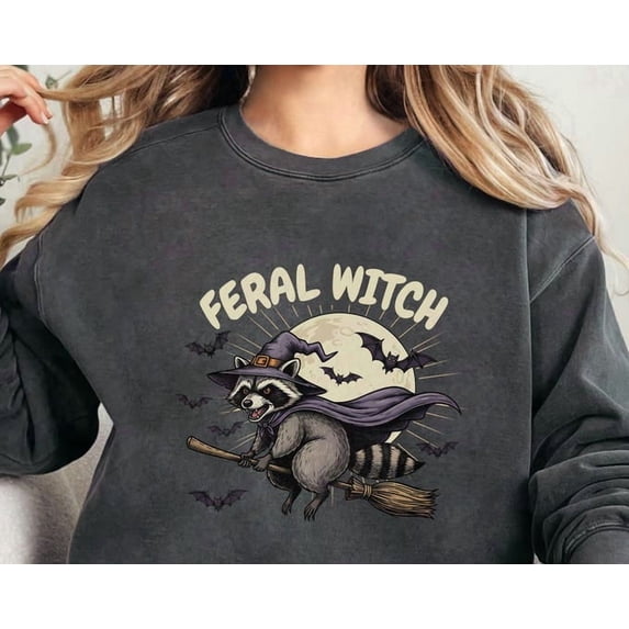 Feral Witch Sweatshirt, Shirt, Retro Raccon Witch Sweater, Spooky Witch ...