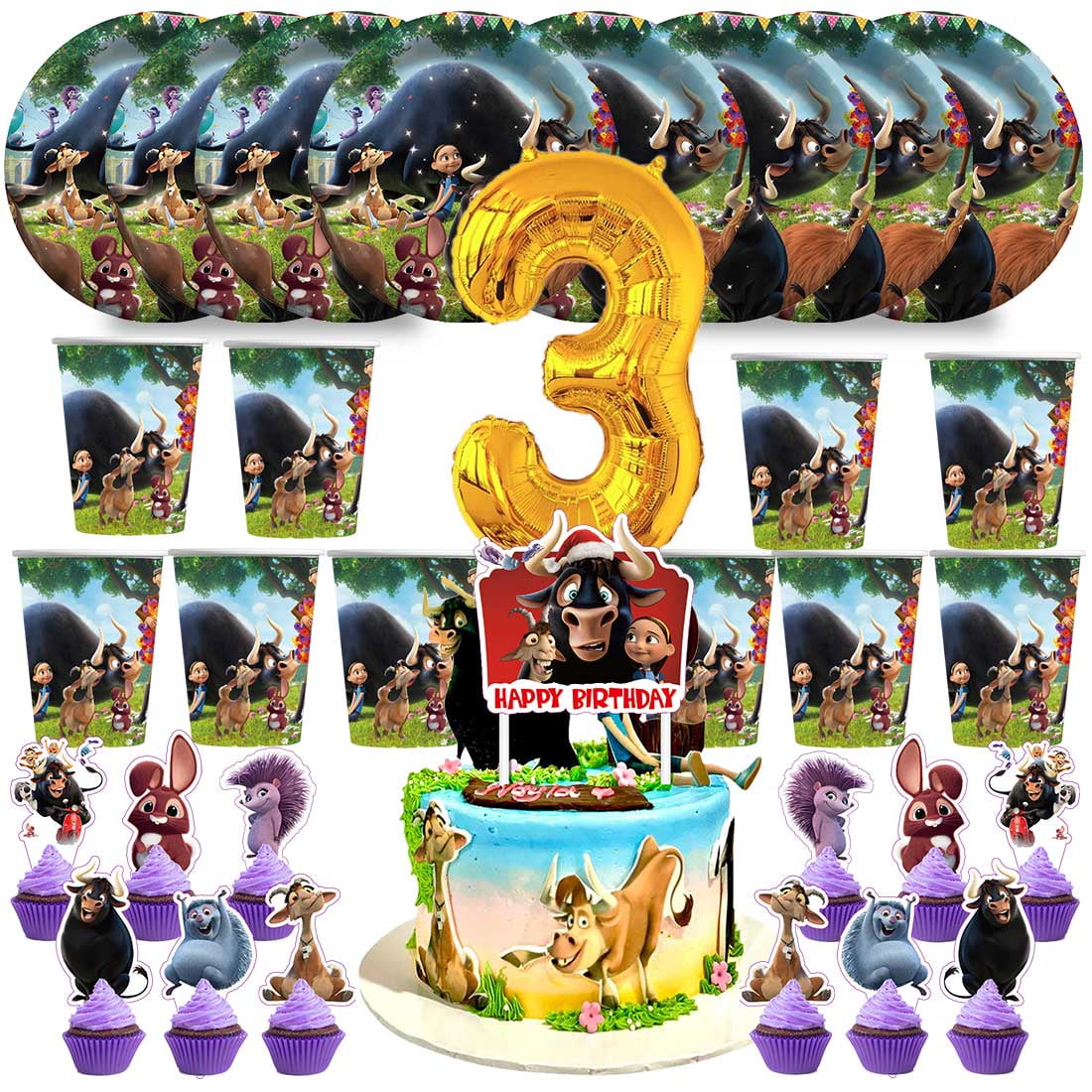 Ferdinand Birthday 3rd Cups Party Supplies Plates Fans Decorations Cake ...