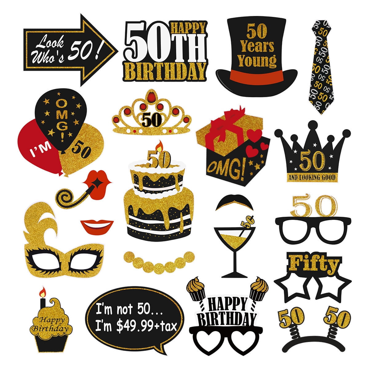 Masteelf Amosfun 21PCS Black Gold 50th Birthday Party Photo Props Set ...