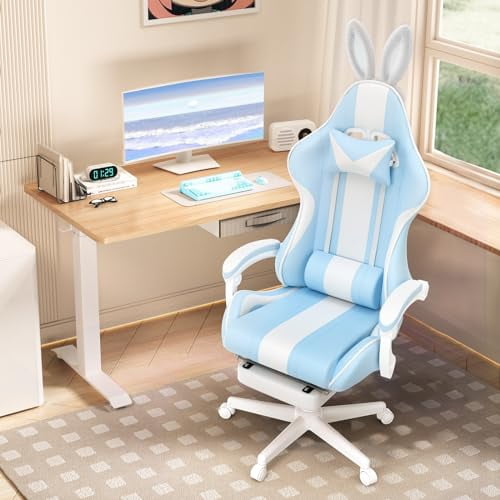 Ferghana Kawaii Light Blue Gaming Chair with Bunny Ears, Ergonomic Cute ...