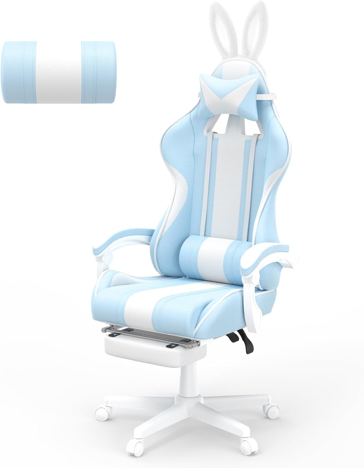 Ferghana Kawaii Light Blue Gaming Chair with Bunny Ears, Ergonomic Cute ...