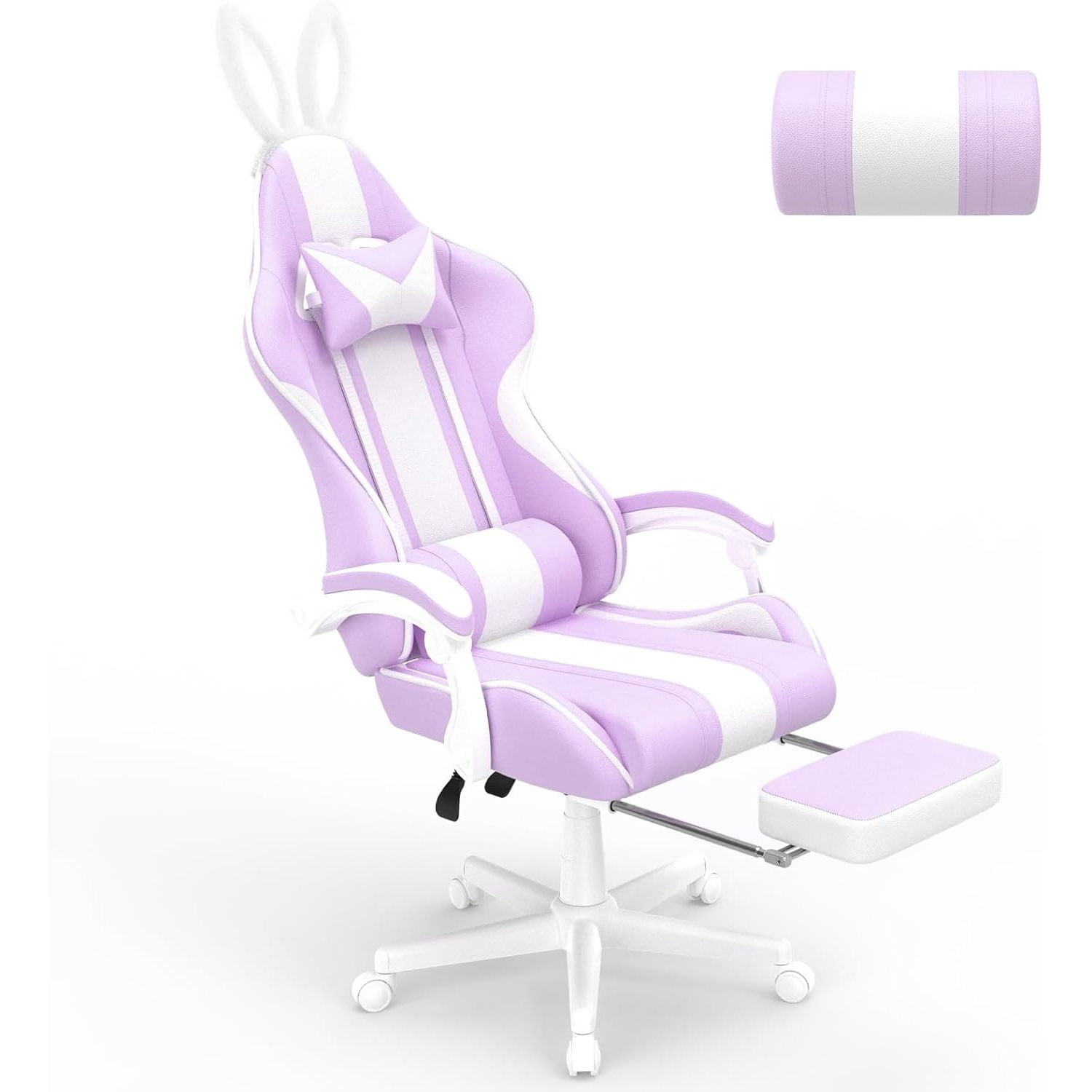 Ferghana Kawaii Light Purple Gaming Chair with Bunny Ears, Ergonomic ...