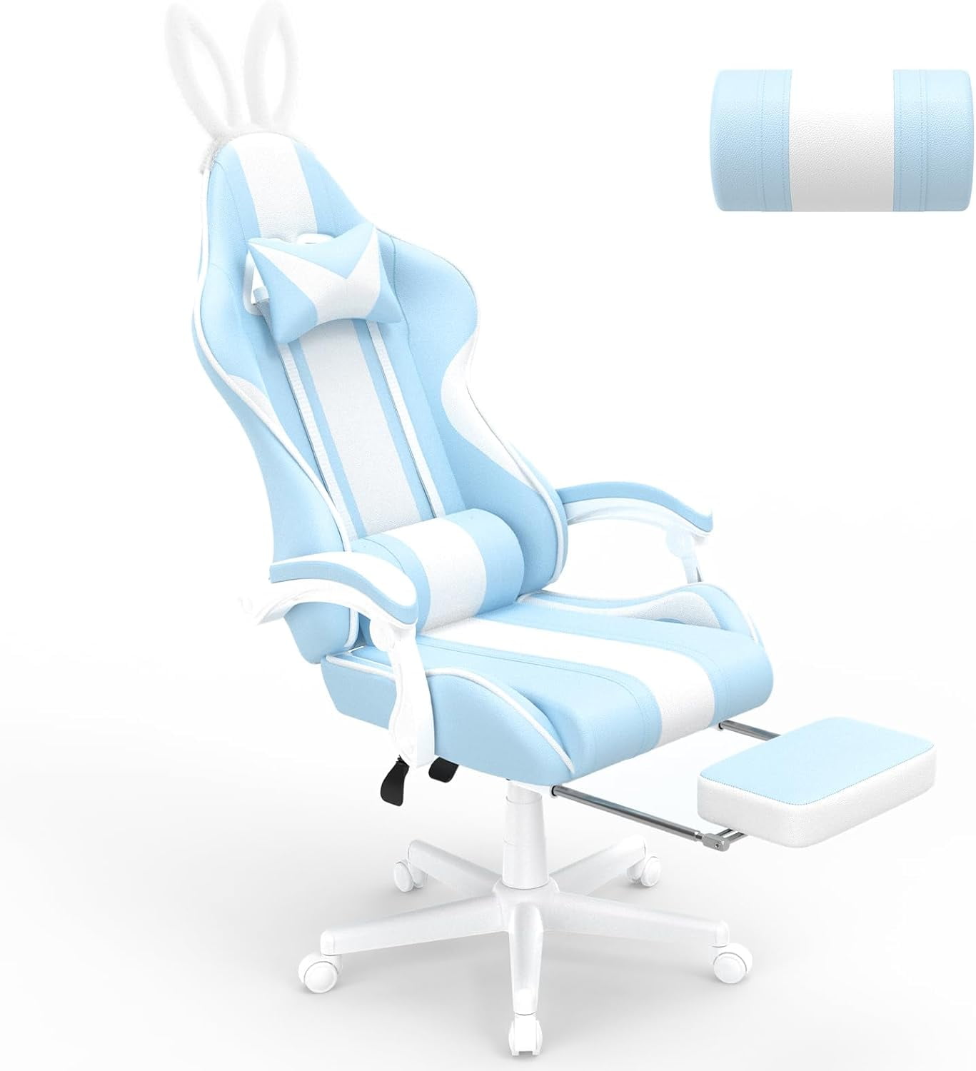 Ferghana Light Blue Gaming Chair with Bunny Ears, Ergonomic Cute Gamer ...