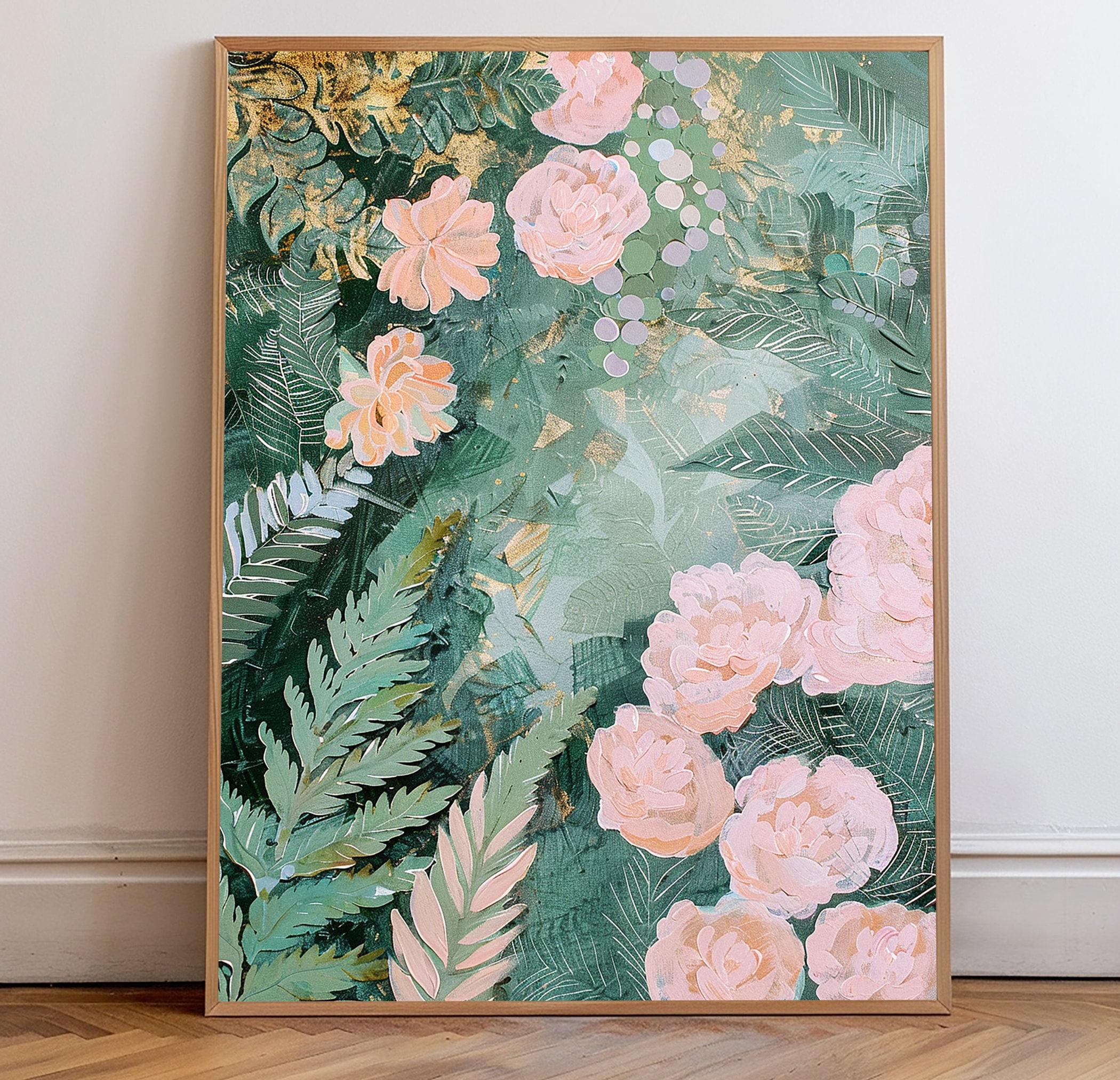 Fern Abstract Floral Wall Art Modern Flower Art In Green, Pink, Gold ...