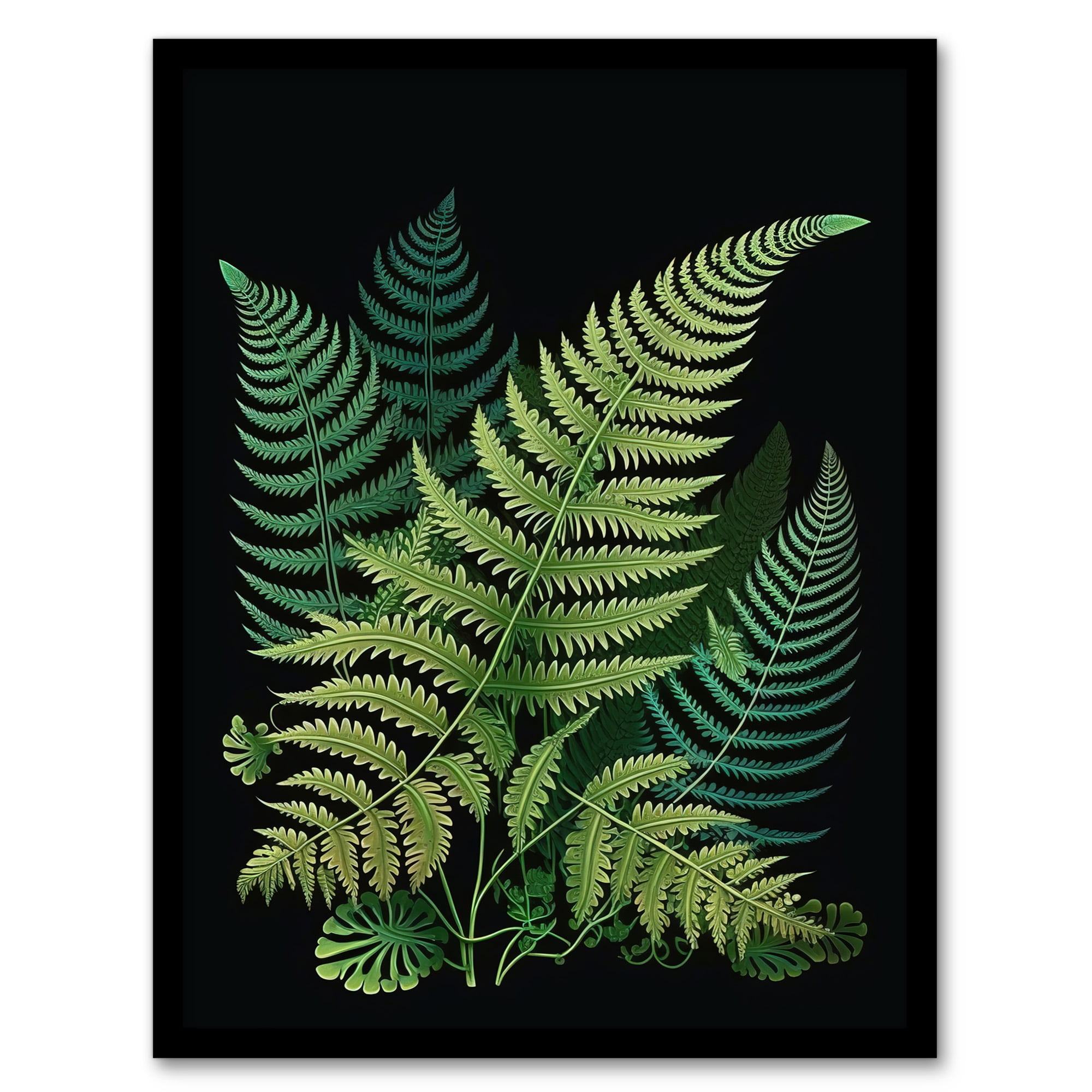 Fern Fronds Botanical Nature Elegant Foliage Artwork Green on Black Art ...