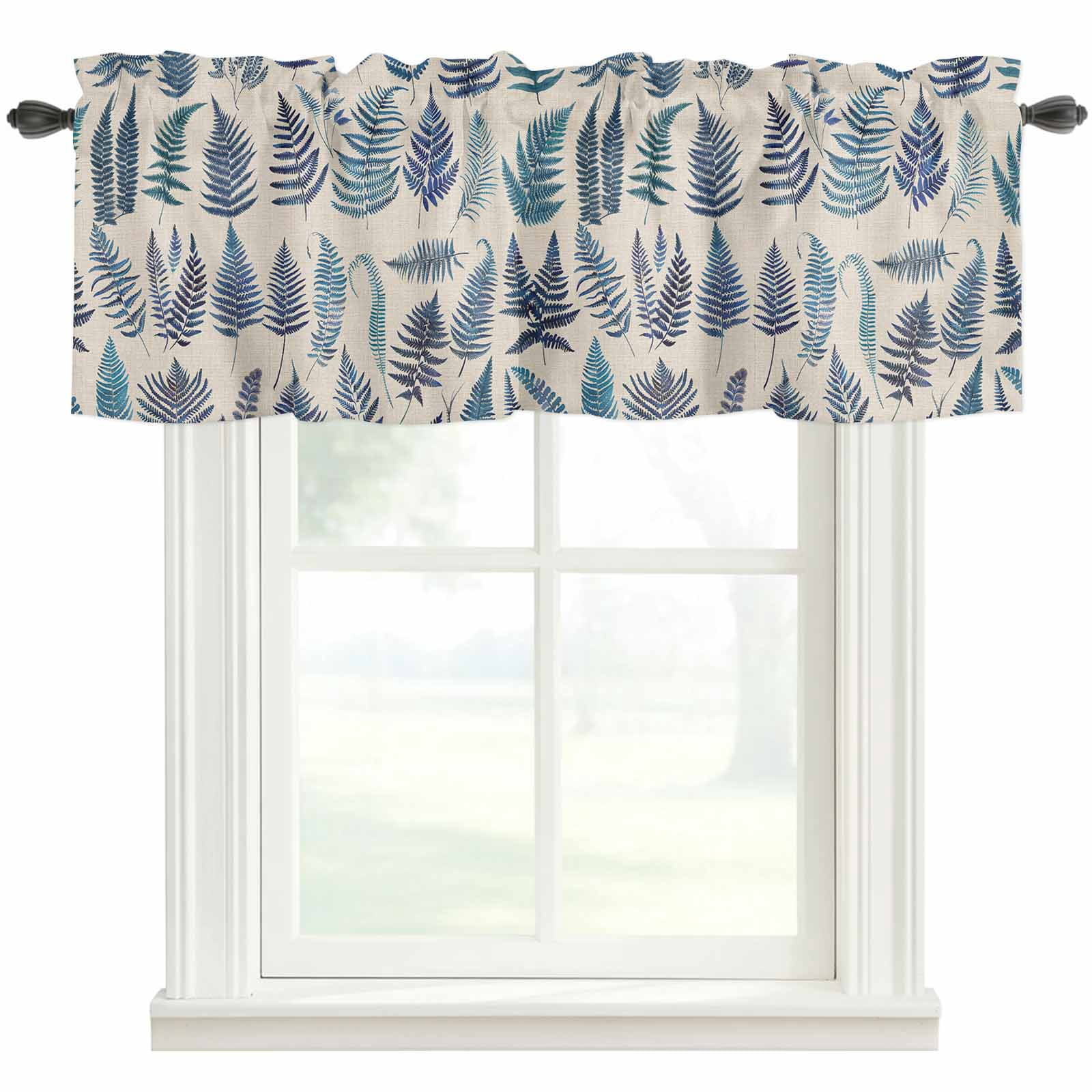 Fern Leaf Window Valance Curtain Plant Botanical Art Printed Blue Rod ...