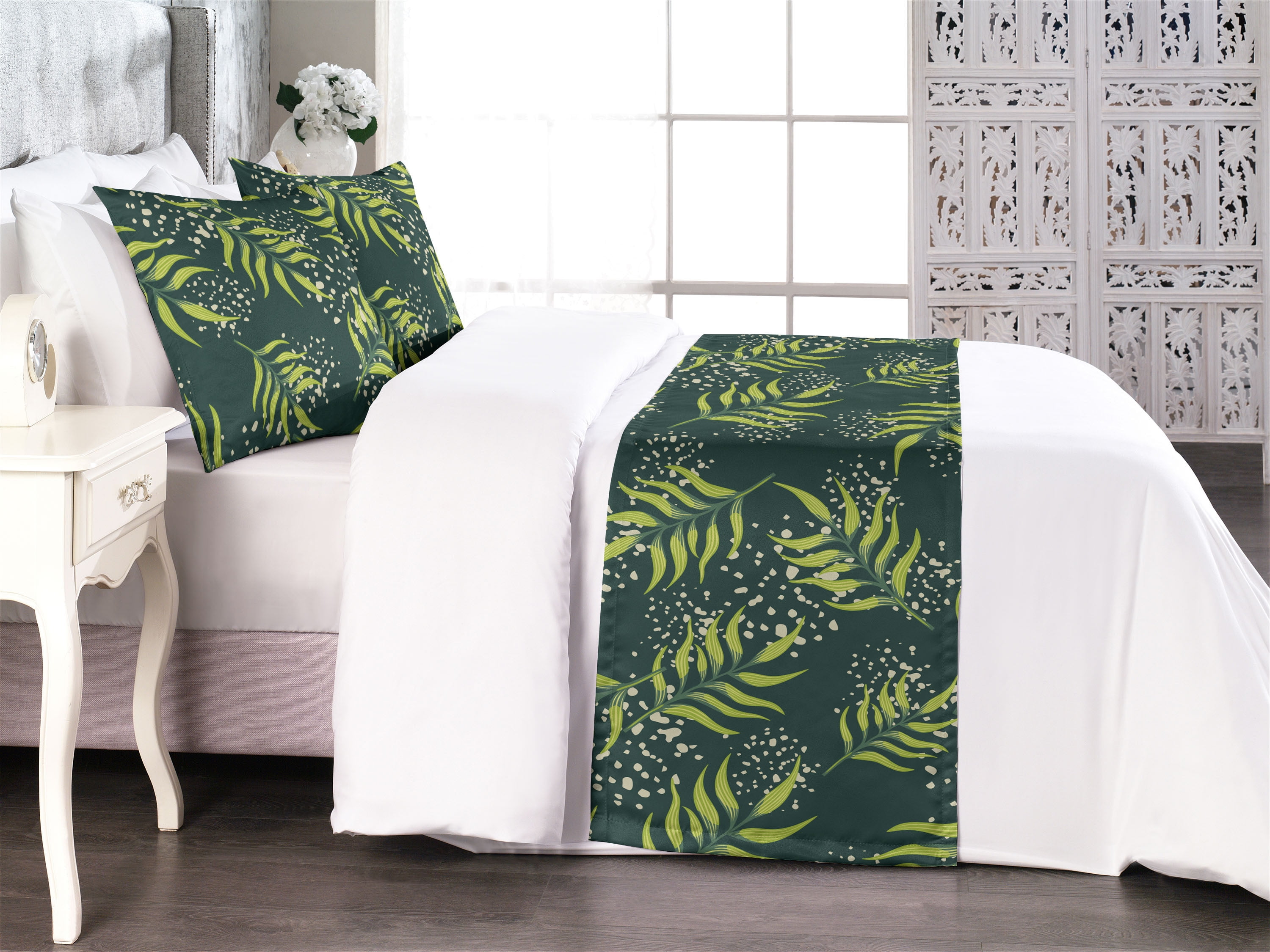 Fern Leaves Bed Runner Set, Modern Jungle Feelings Leafy Pattern with ...