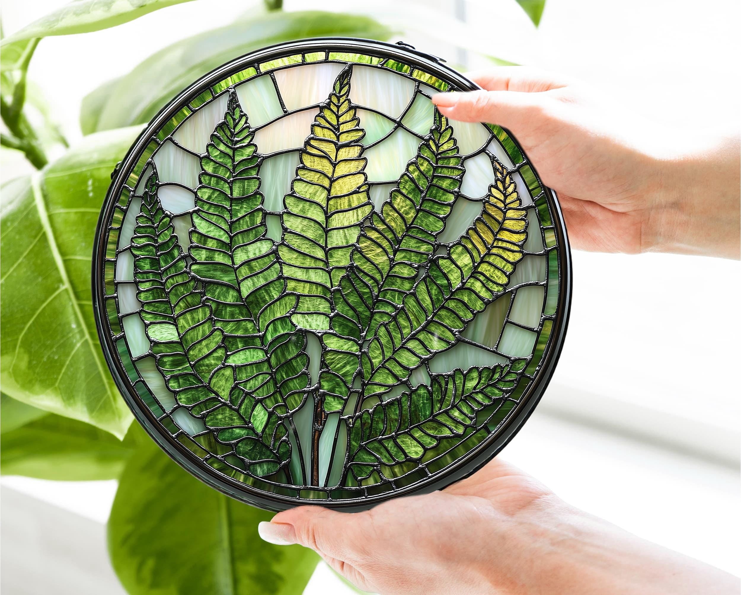 Fern Plant Botanical Round Stained Glass Suncatcher Green Leaf Window ...