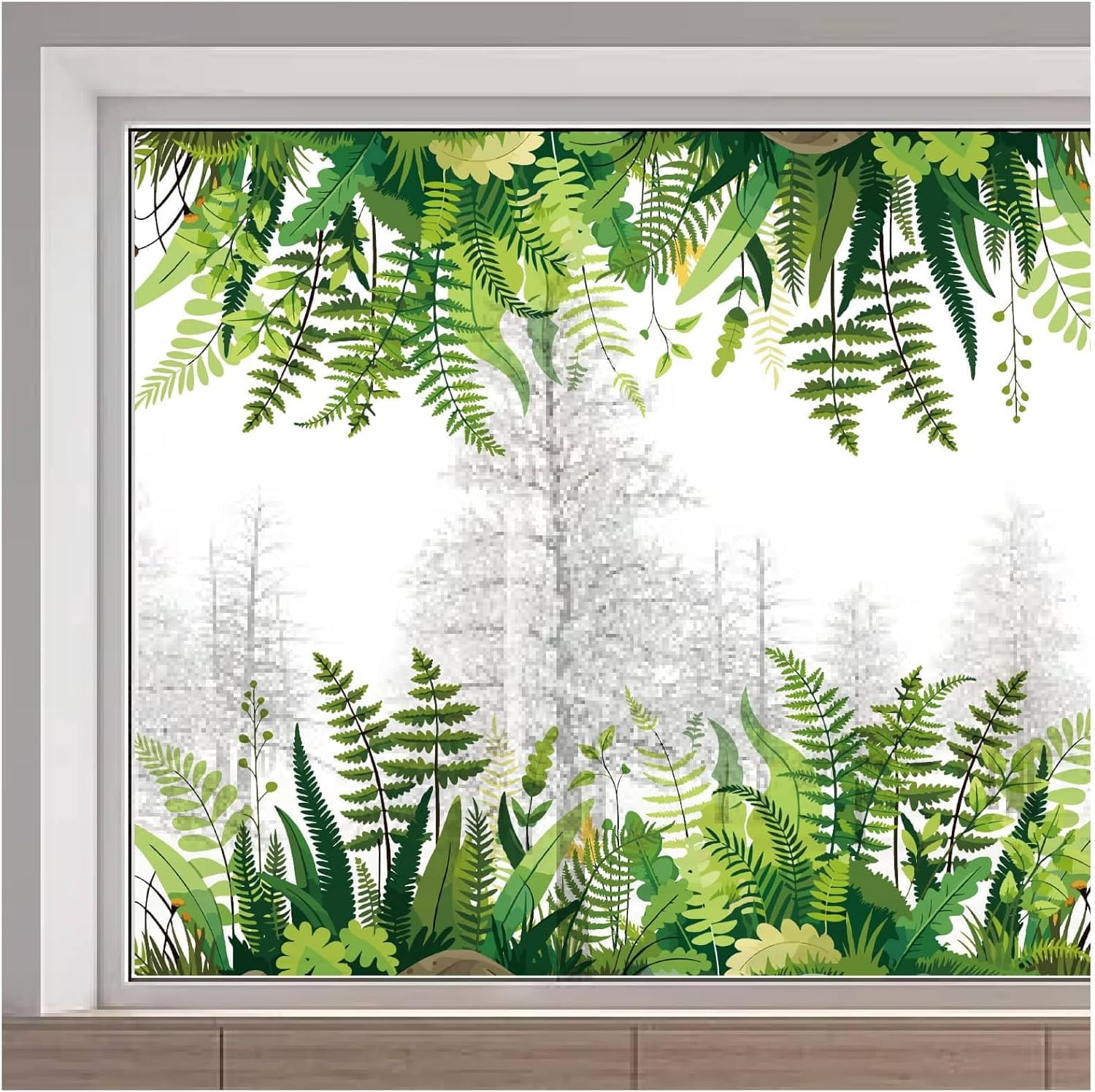 Fern Window Sticker Pteridophyte Green Leaves Large Static Window Clings Reusable Anti Collision ...