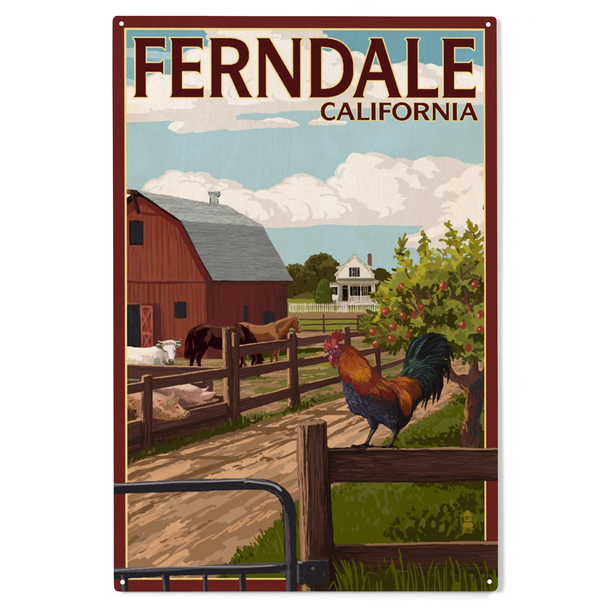 Ferndale, California, Barnyard Scene Birch Wood Wall Sign (10x15 Rustic ...