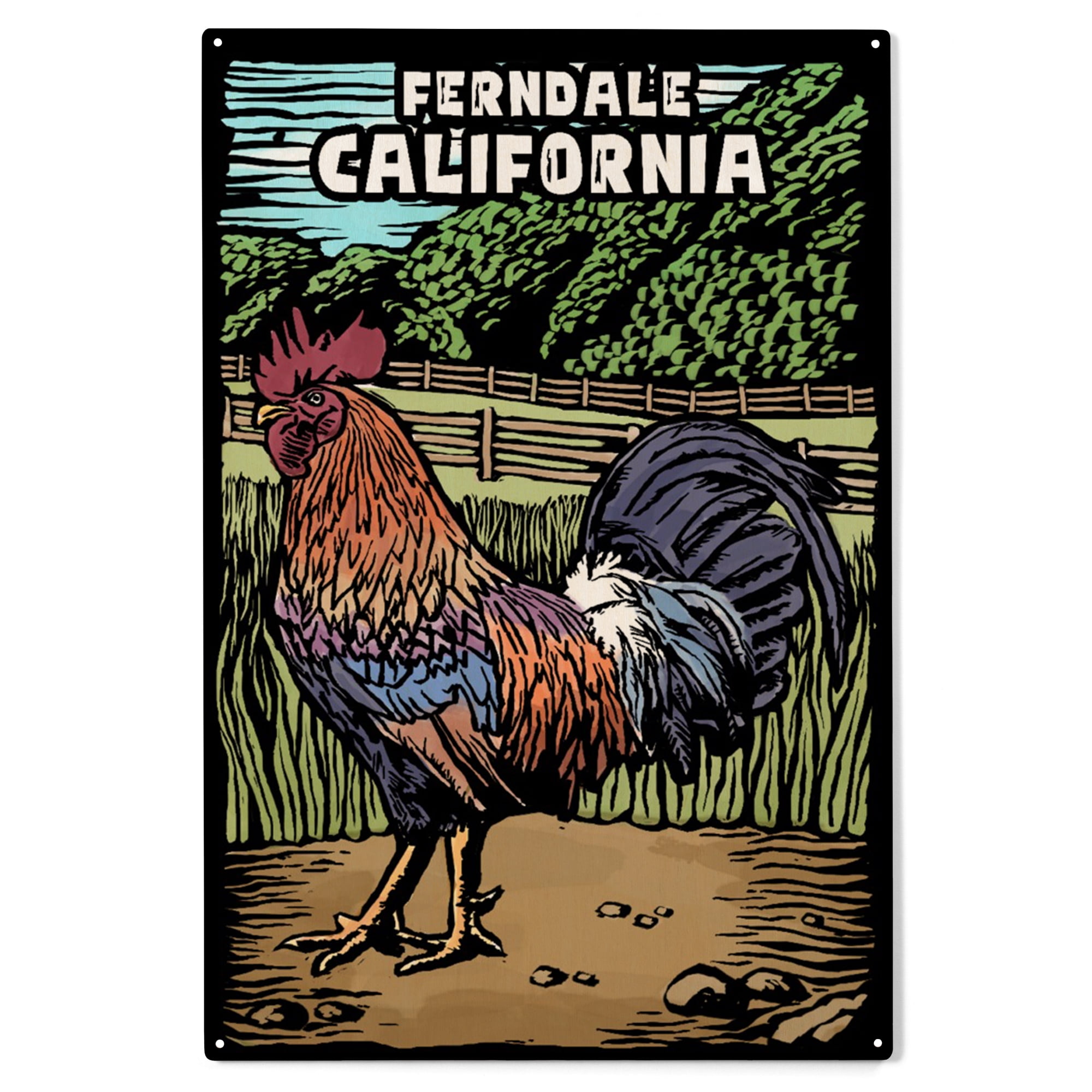 Ferndale, California, Rooster, Scratchboard Birch Wood Wall Sign (10x15 ...