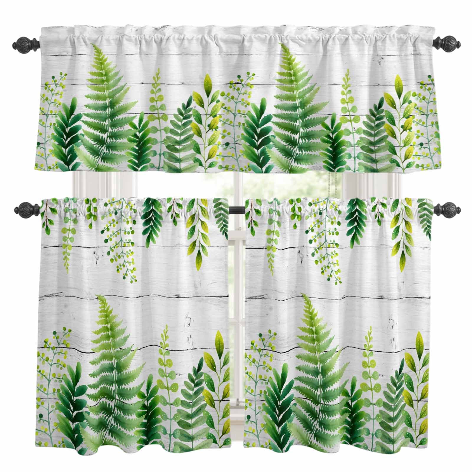 Ferns Leaf Kitchen Curtains Valances and Tiers 3pcs Spring Sage Green ...
