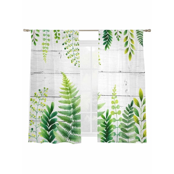 Ferns Leaf Sheer Curtains 2 Panels Set Spring Sage Green Leaves White ...