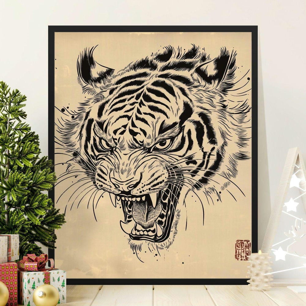 Ferocious Asian Tiger Wall Art, Bold Animal Poster, Roaring Tiger Print ...