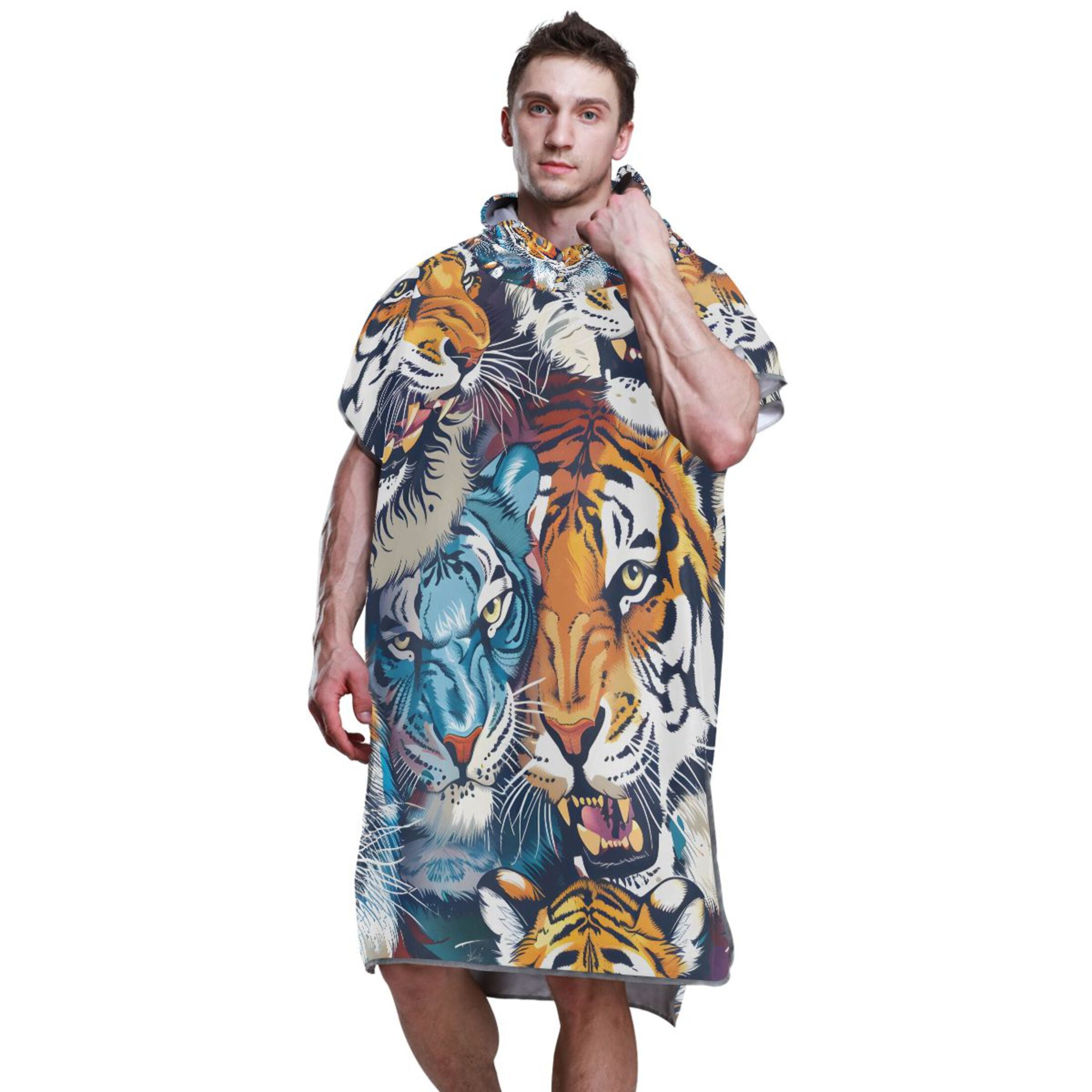 Ferocious Tiger Face Star Hooded Beach Towel Adult Bath Poncho Towels ...
