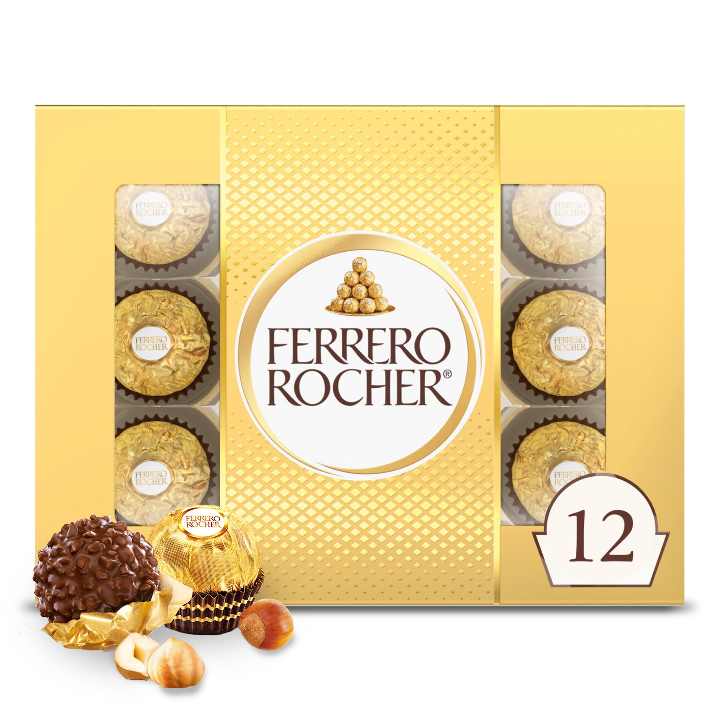 Ferrero Rocher, 12 Count, Gourmet Milk chocolate Hazelnut, Chocolate ...