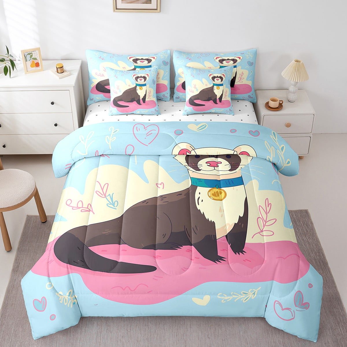 Ferret Bed in a Bag Queen Comforter Set 7 Piece,Cartoon Wildlife Pet ...