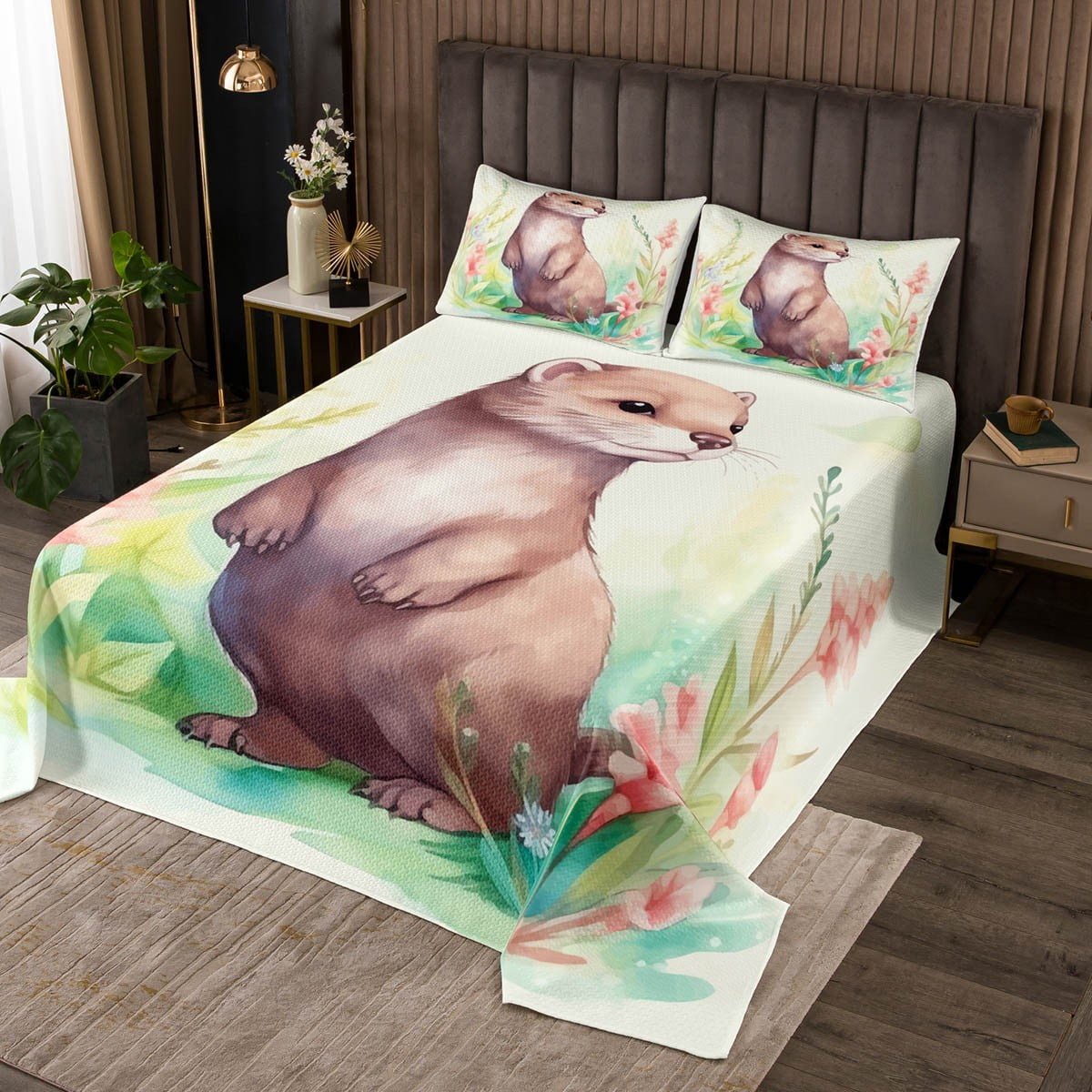 Ferret Bedspread Set Minks Weasel Animal Coverlet Set Kawaii Wild Animals Quilt Set Twin,Cartoon ...