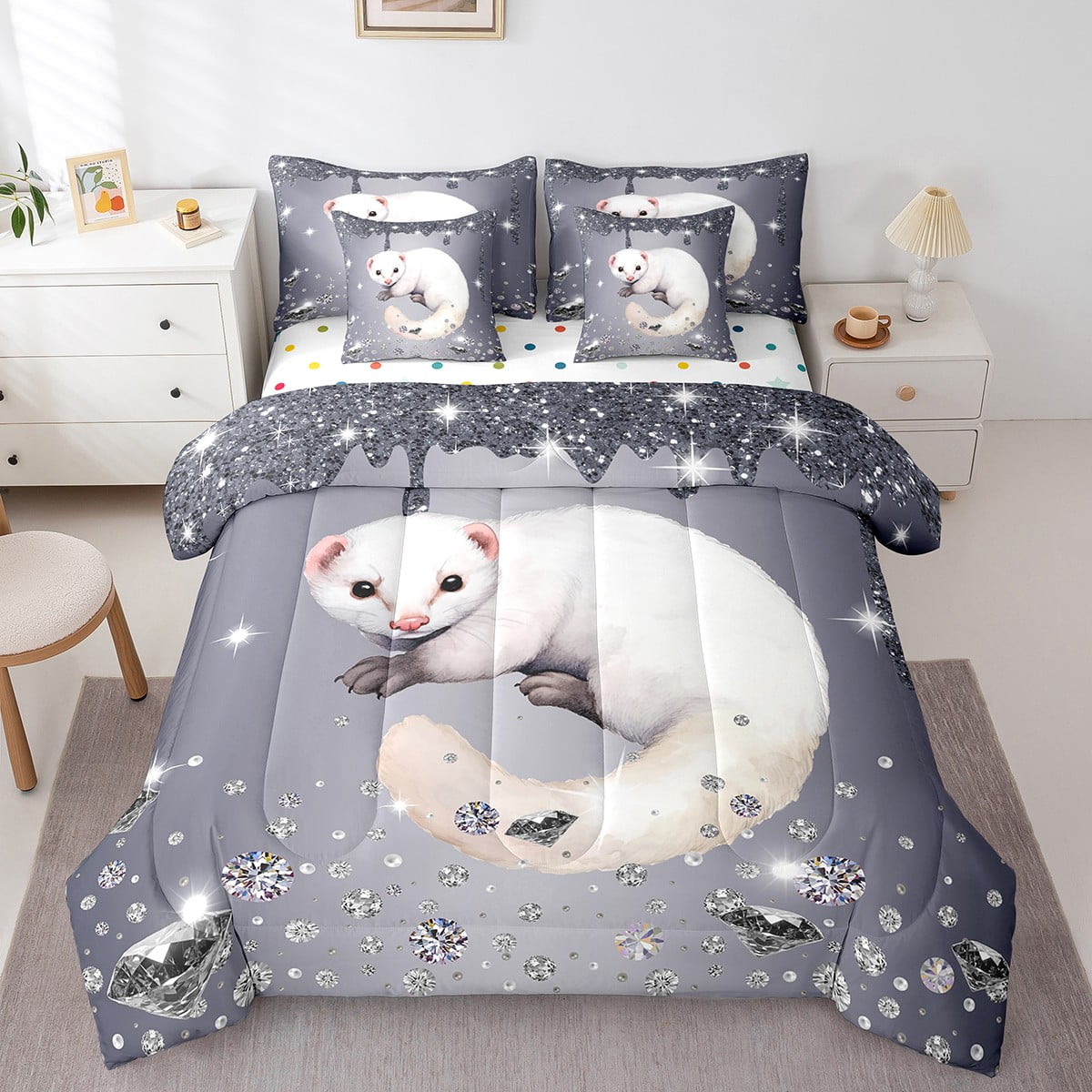 Ferret Comforter Set 7 Piece Bed in a Bag Twin,Sliver Sequin Fluid Art ...