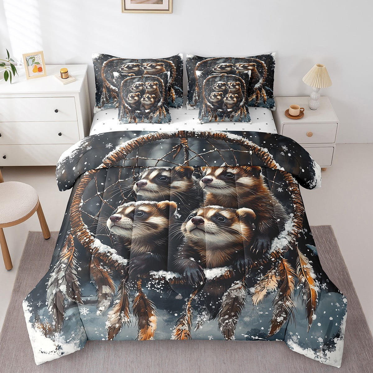 Ferret Comforter Set Dream Catchers Boho Feather Bedding Set Full ...