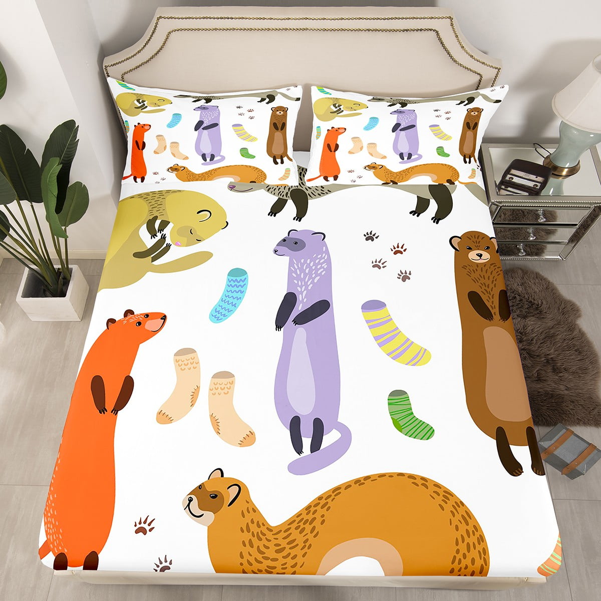 Ferret Fitted Sheet Kawaii Bed Sheets Cute Wild Animals Bedding Set ...