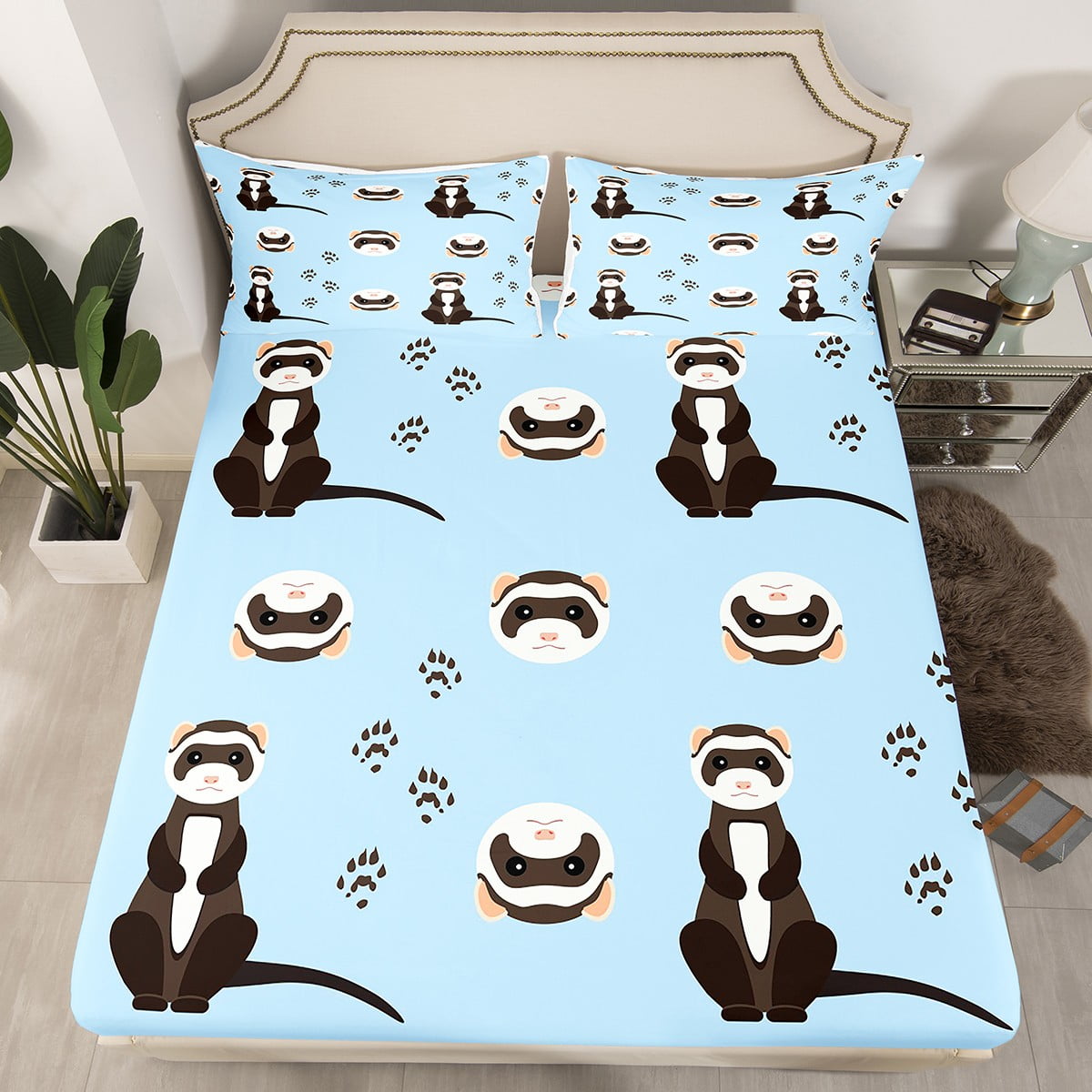 Ferret Fitted Sheet Kawaii Bed Sheets Cute Wild Animals Bedding Set ...