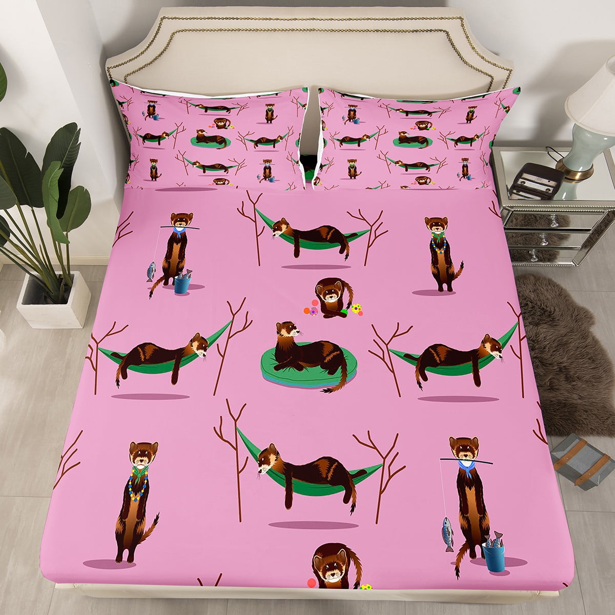 Ferret Fitted Sheet Kawaii Bed Sheets Cute Wild Animals Bedding Set ...