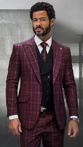 Statement Men's Wool Plaid Modern Fit Suit with Vest Burgundy 3 Piece ...