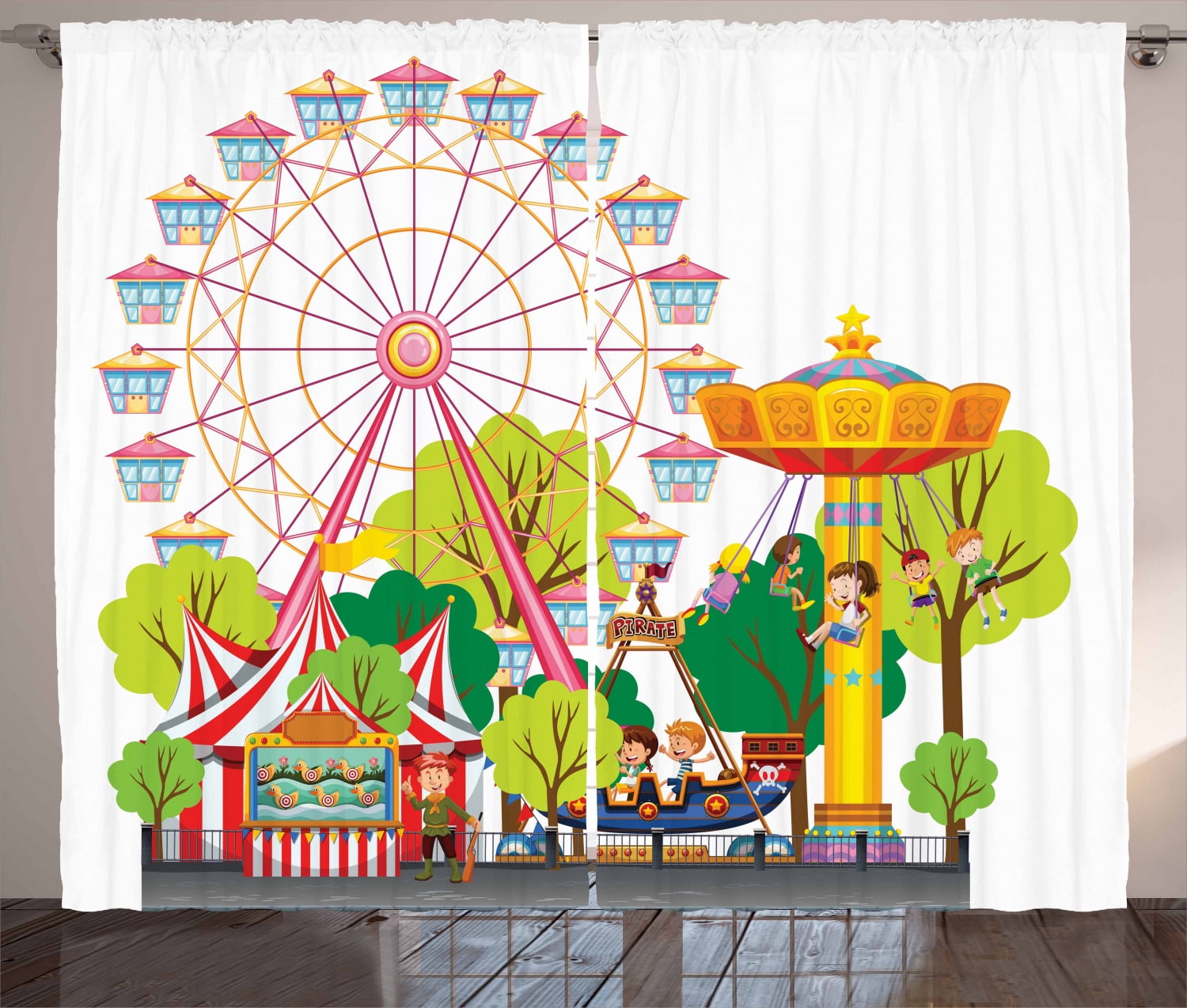 Ferris Wheel Curtains 2 Panels Set, Clip Art Style Circus Illustration ...