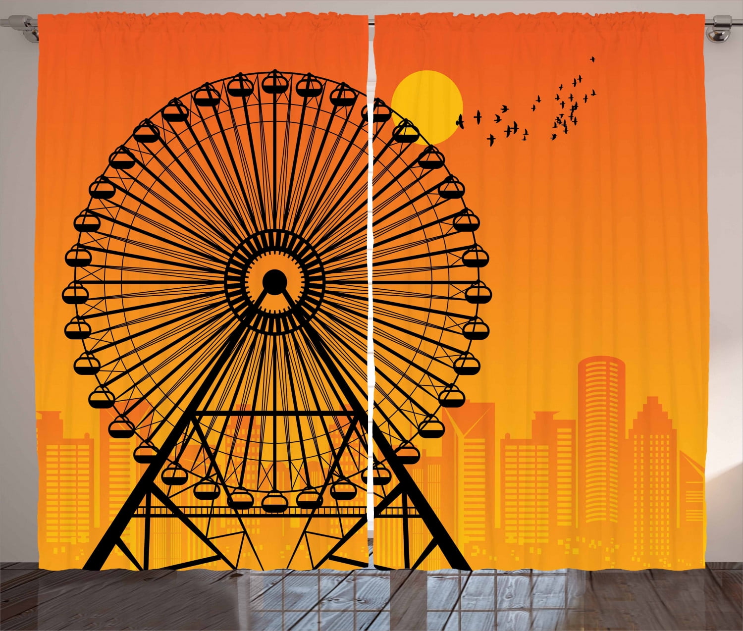 Ambesonne Ferris Wheel Curtains 2 Panel Set, Cityscape Sunset, 108" x 90", Burnt Orange Orange ...