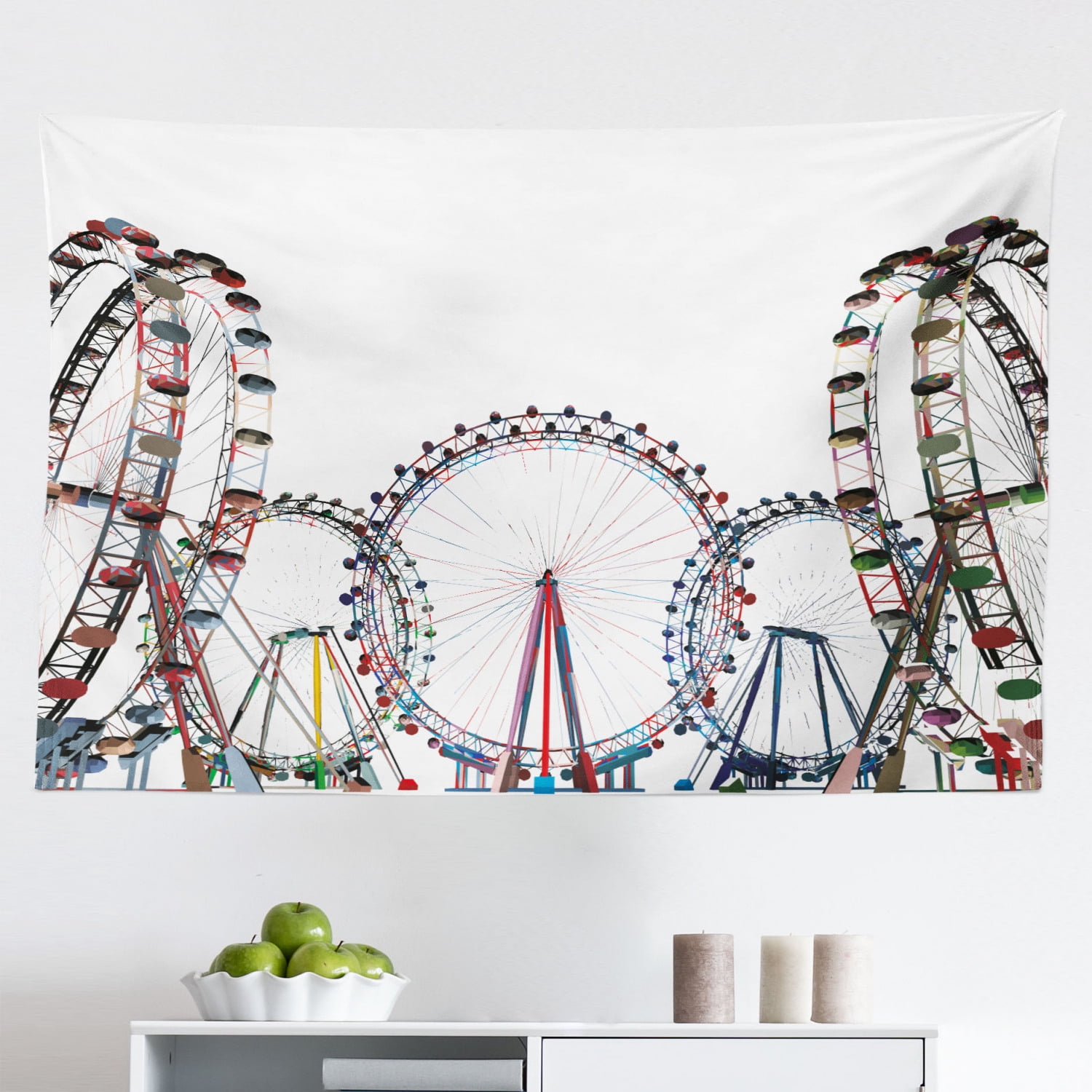 Ferris Wheel Tapestry, Monochrome of Carousel and Other Ride with ...