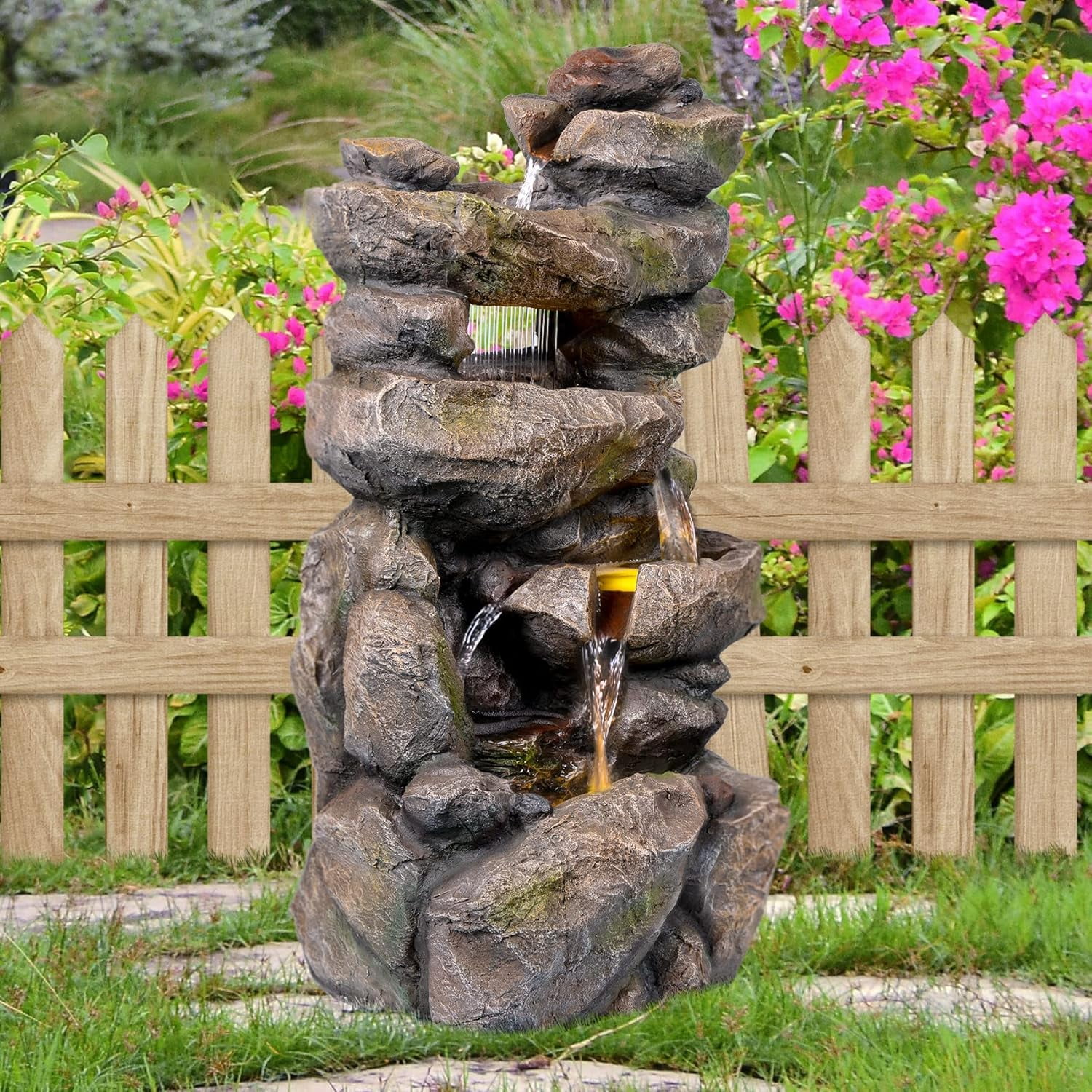 Ferrisland Outdoor Rock Waterfall Fountain with LED Lights and Pump, 5 ...