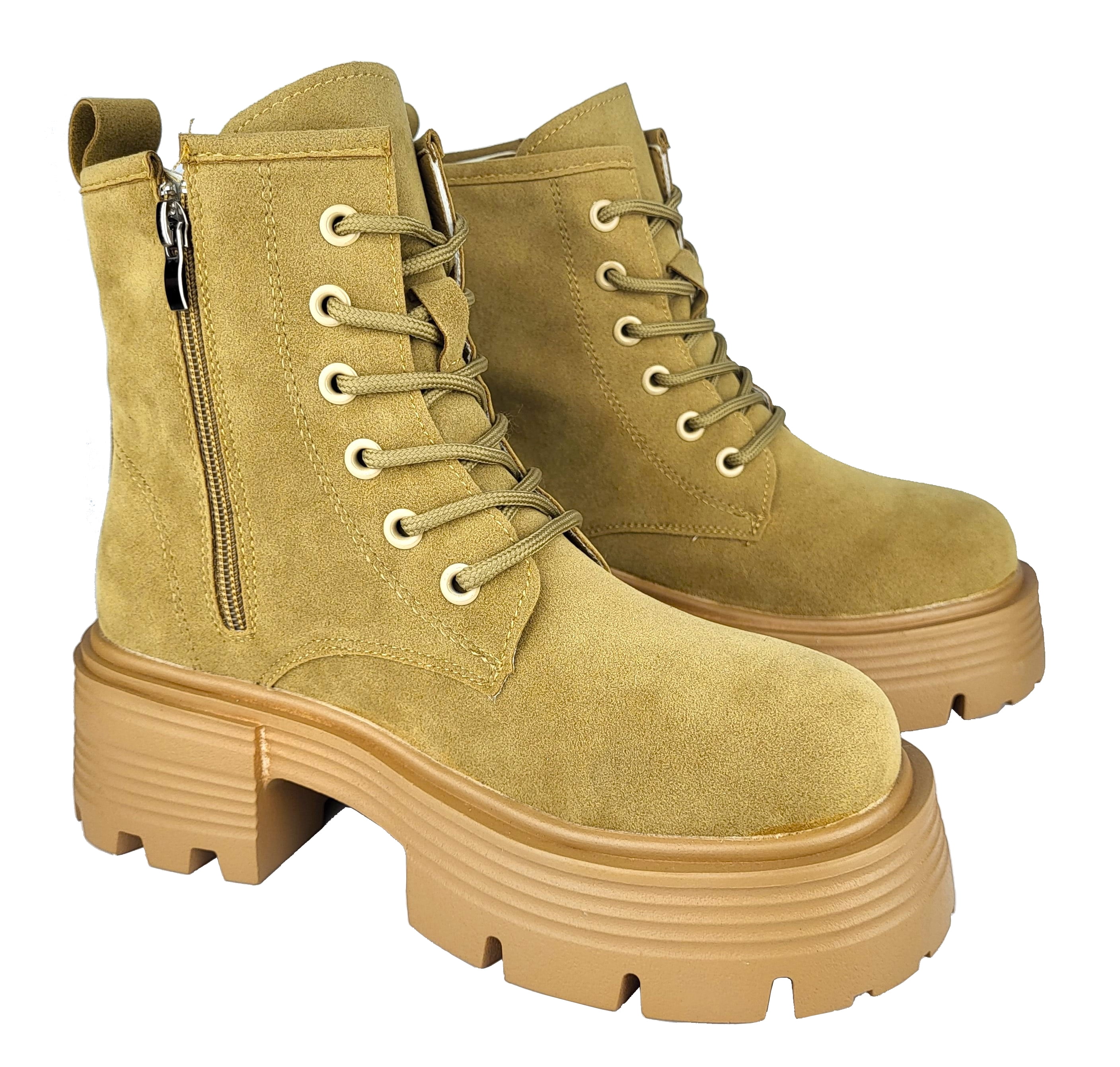 Ferwind Women's Combat Ankle Boots Faux Suede Lace Up Platform Chunky ...
